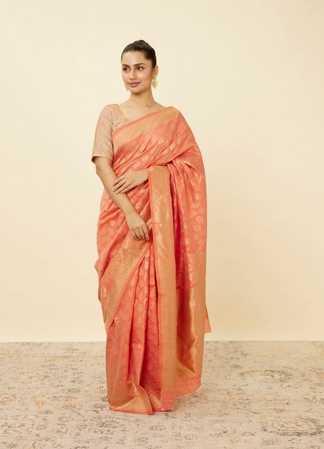 Buy Coral Pink Floral Patterned Saree Online in the USA @Mohey - Saree ...