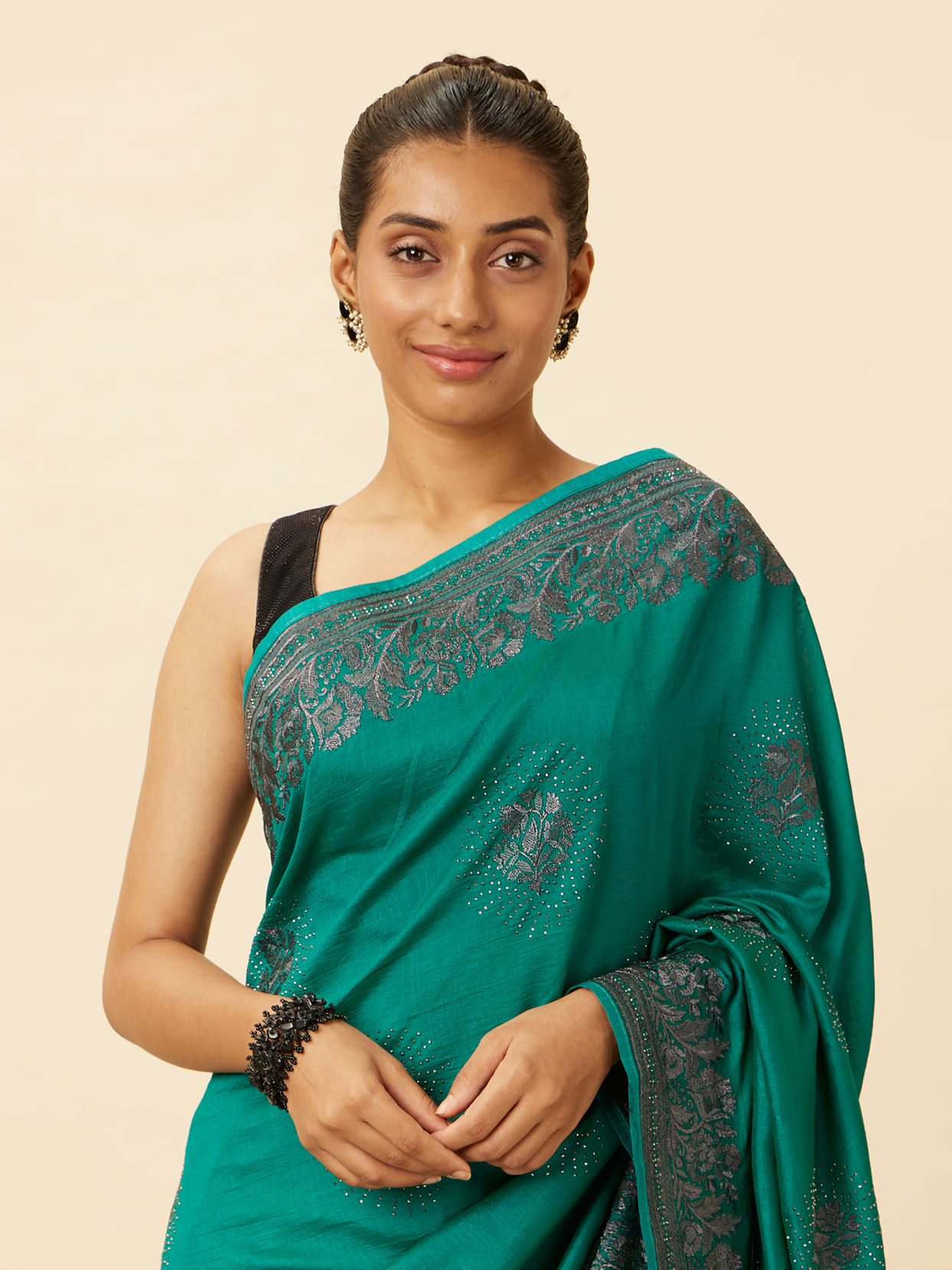 Buy Emerald Green Stone Work Saree with Floral Patterns Online in the ...