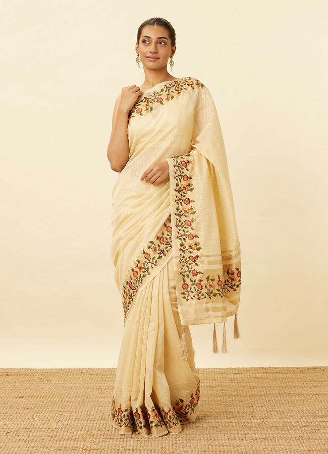 Buy Ivory White Saree with Sequins and Patterned Borders Online in the ...