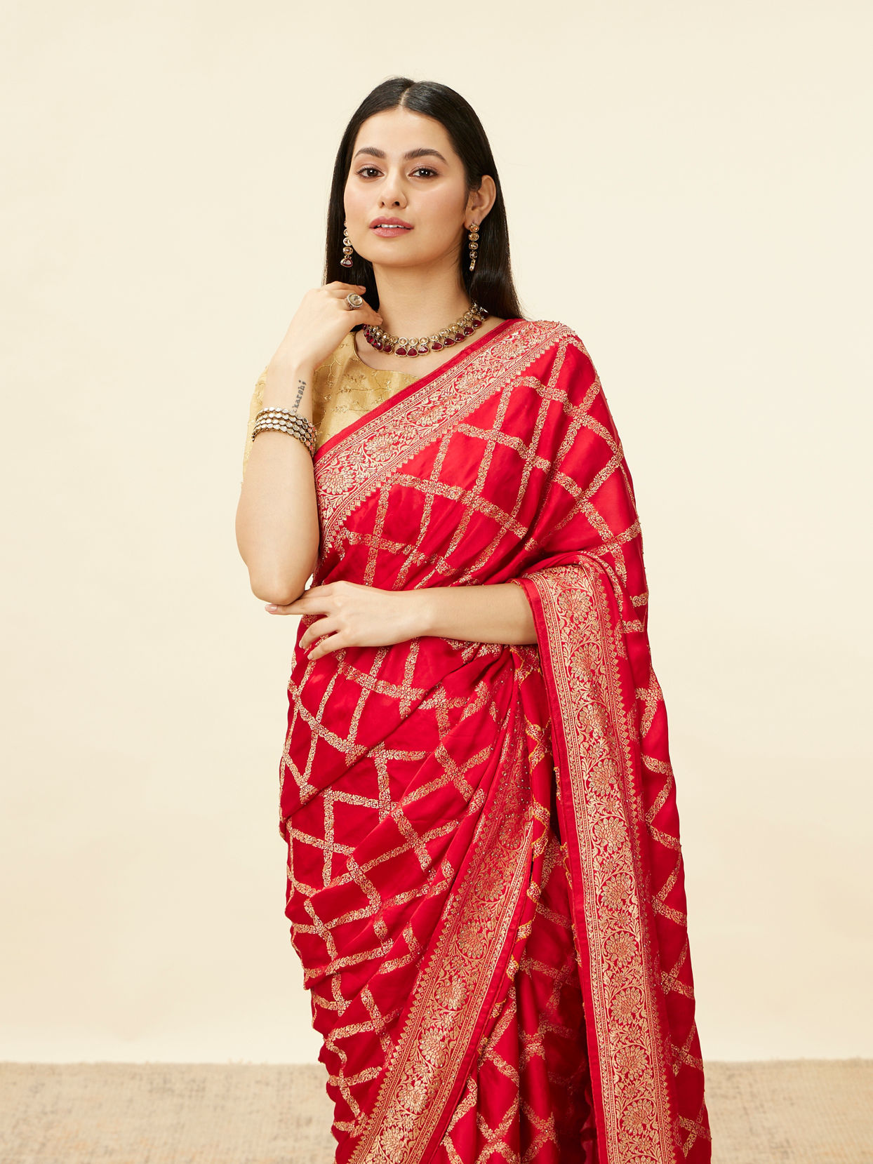 Buy Tomato Red Grid Patterned Stone Work Saree Online in the UK @Mohey ...