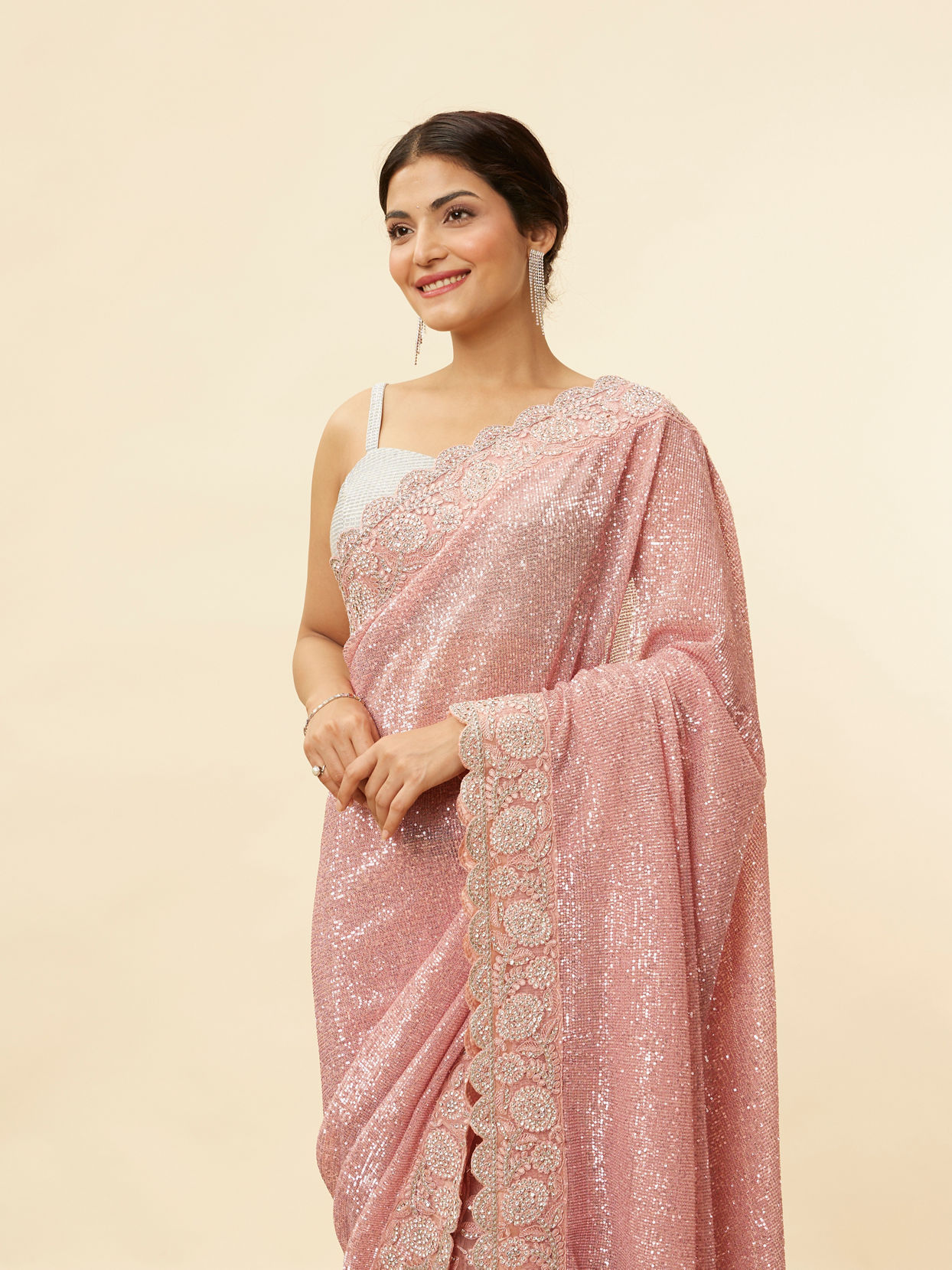 Buy Coral Pink Bel Buti Patterned Stone Work Saree Online in the USA ...