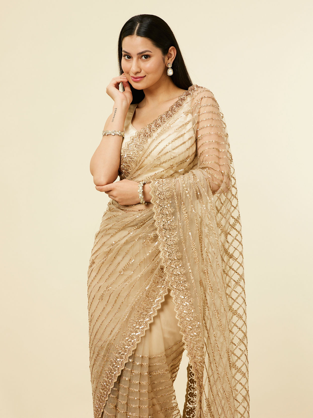 Buy Fawn Sequinned Saree Online in India @Mohey - Saree for Women