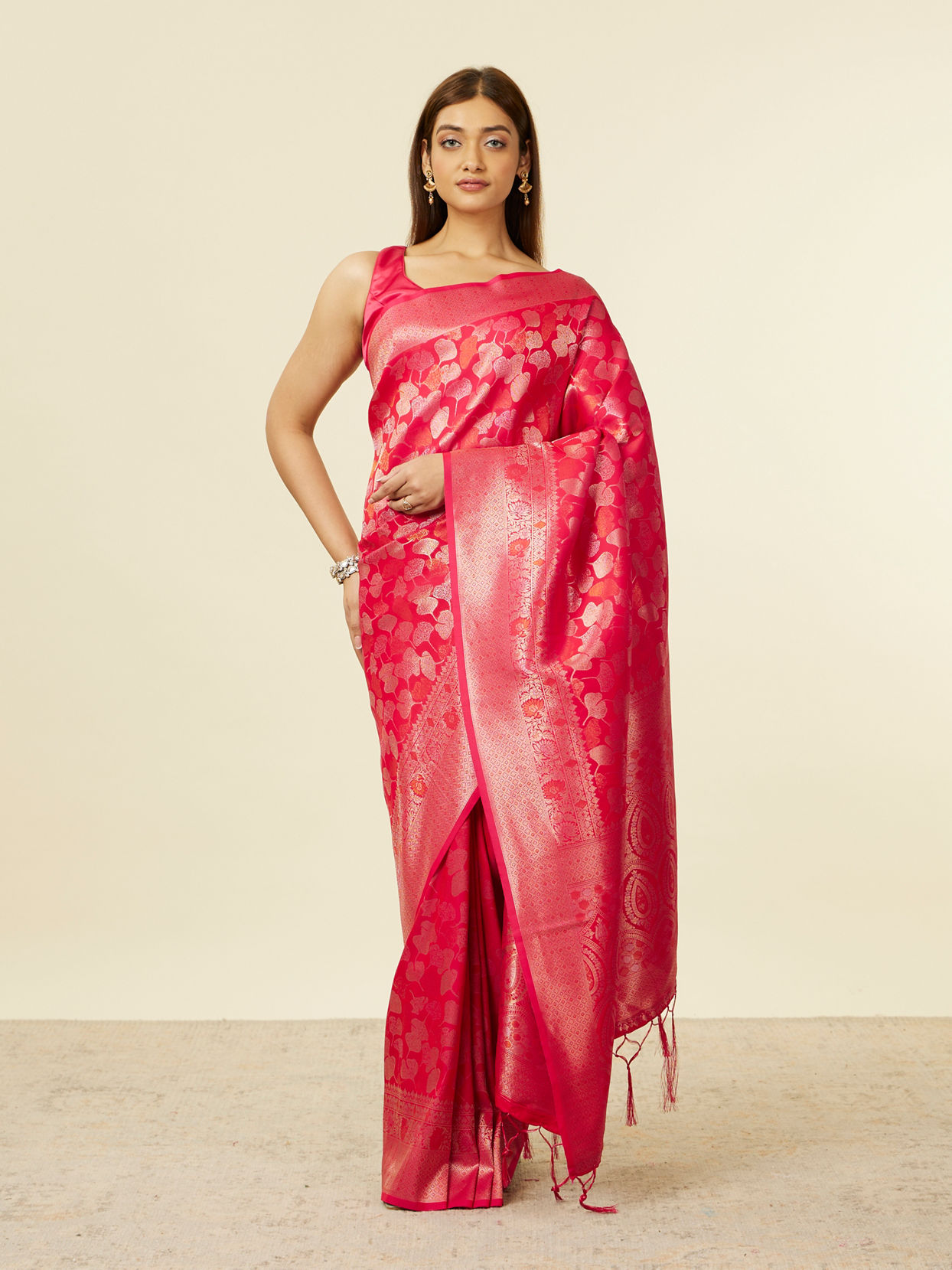 Buy Rani Pink Lotus Leaf Patterned Saree Online in India @Mohey - Saree ...