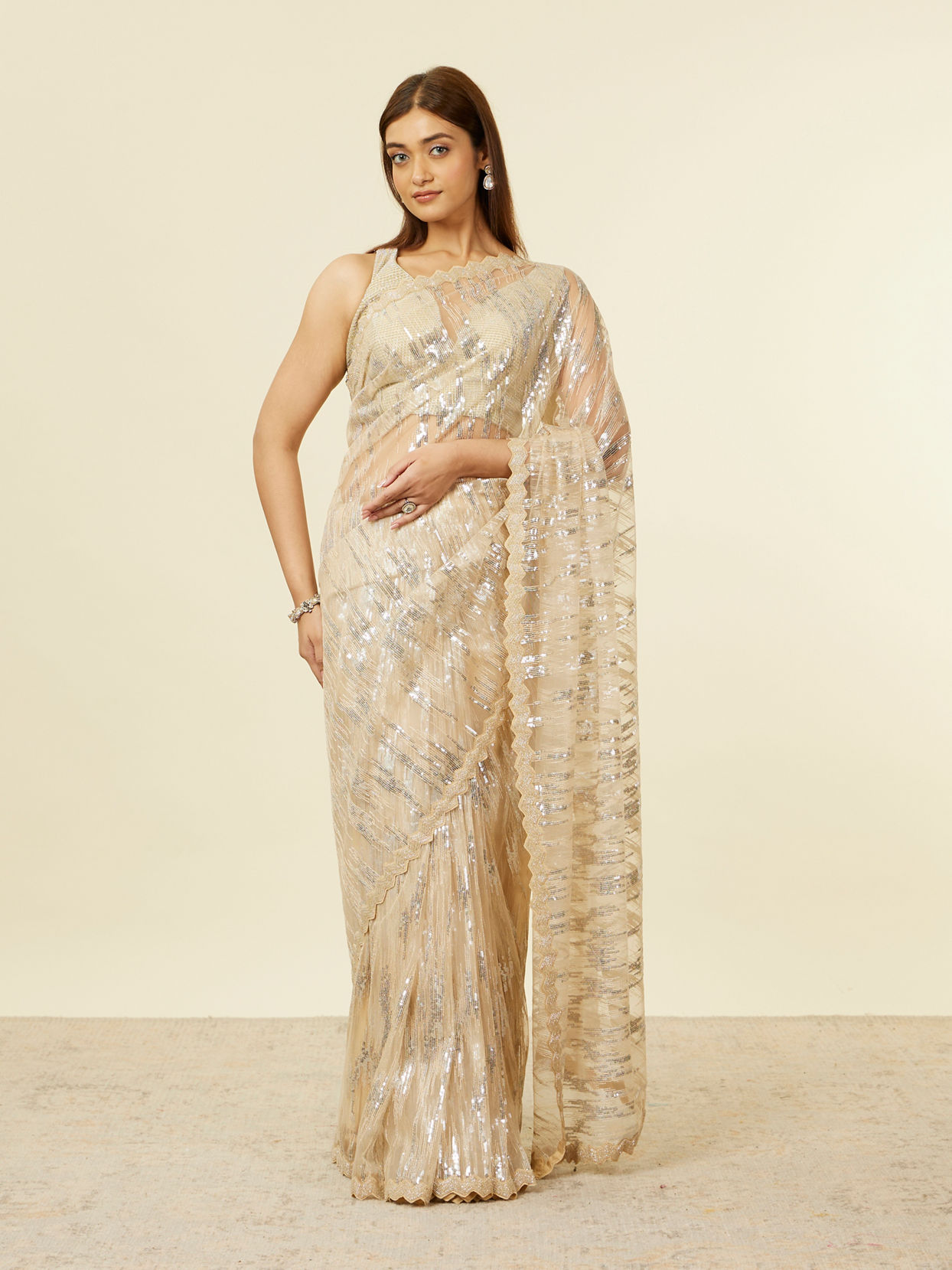 Buy Sand Beige Sequined Saree Online in the USA @Mohey - Saree for Women
