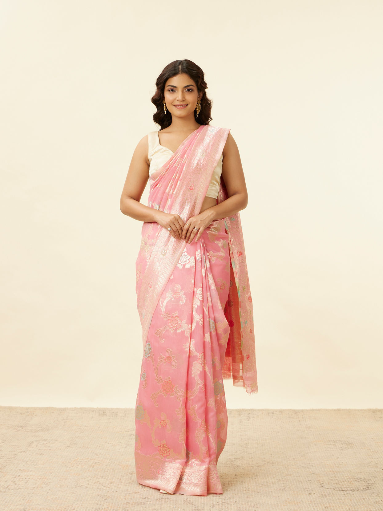 Buy Rose Pink and Silver Floral Zari Work Saree Online in India @Mohey ...