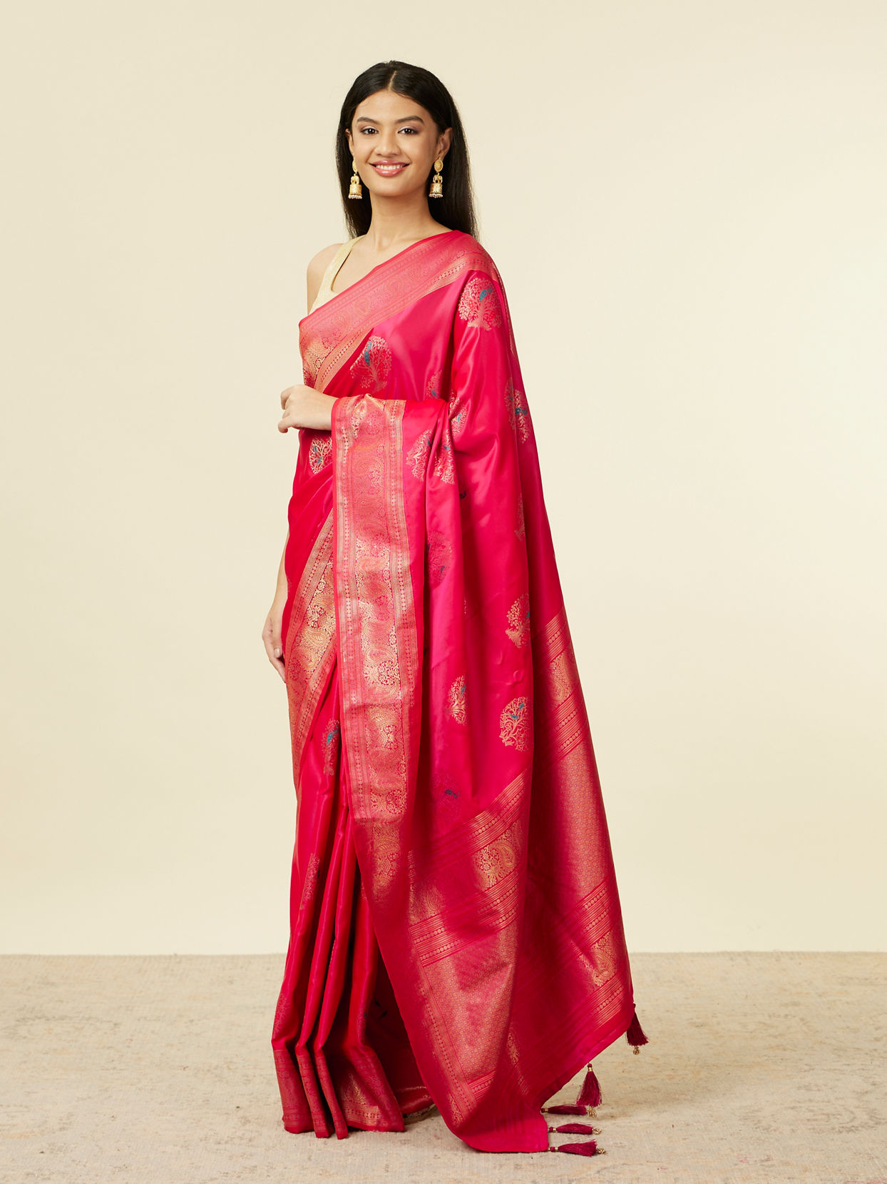 Buy Rani Pink Tree of Life Pattern Saree with Paisley Patterned Border ...