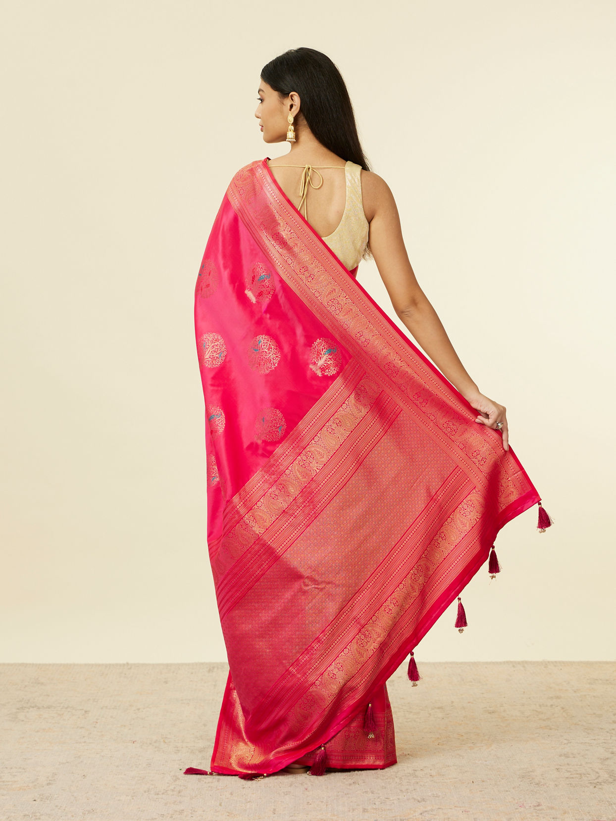 Buy Rani Pink Tree of Life Pattern Saree with Paisley Patterned Border ...