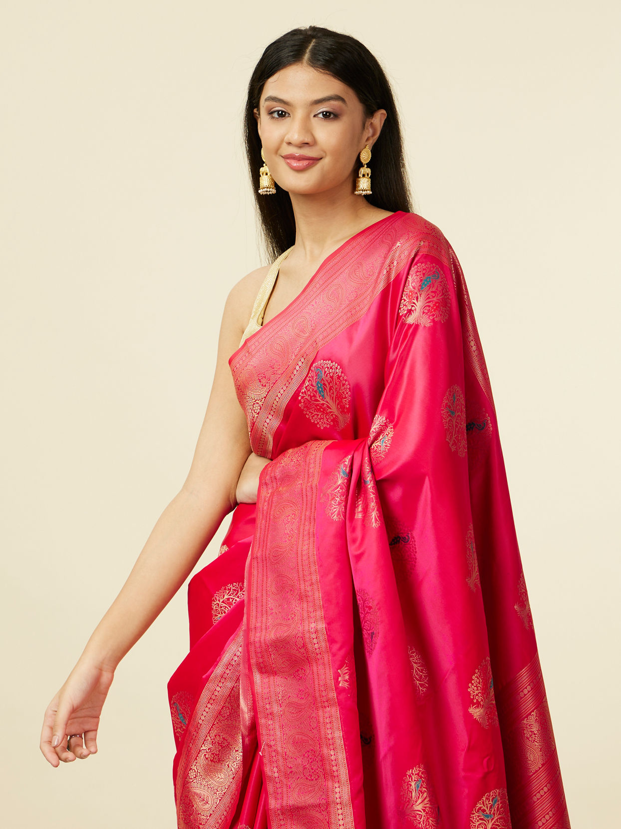 Buy Rani Pink Tree of Life Pattern Saree with Paisley Patterned Border ...