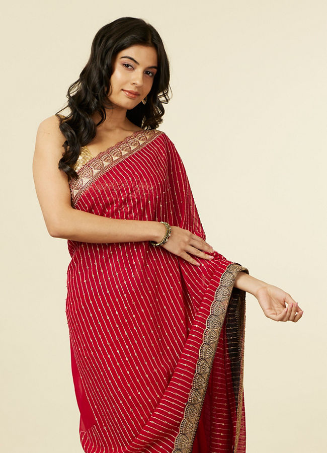 Buy Royal Red Self Striped Saree with Gota Patti Border Online in India @Mohey - Saree for Women