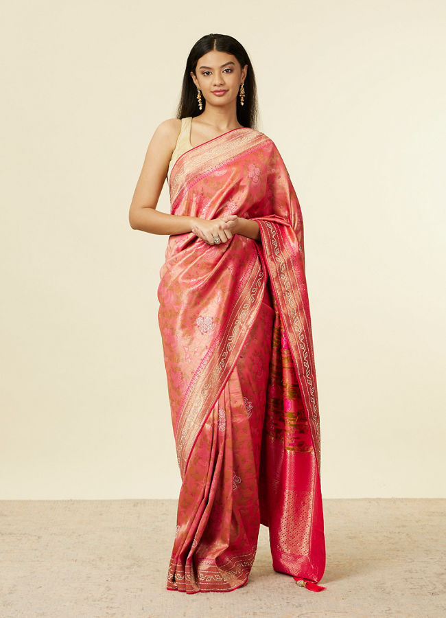 Buy Coral Pink Floral Patterned Saree with Stone work Online in the USA ...
