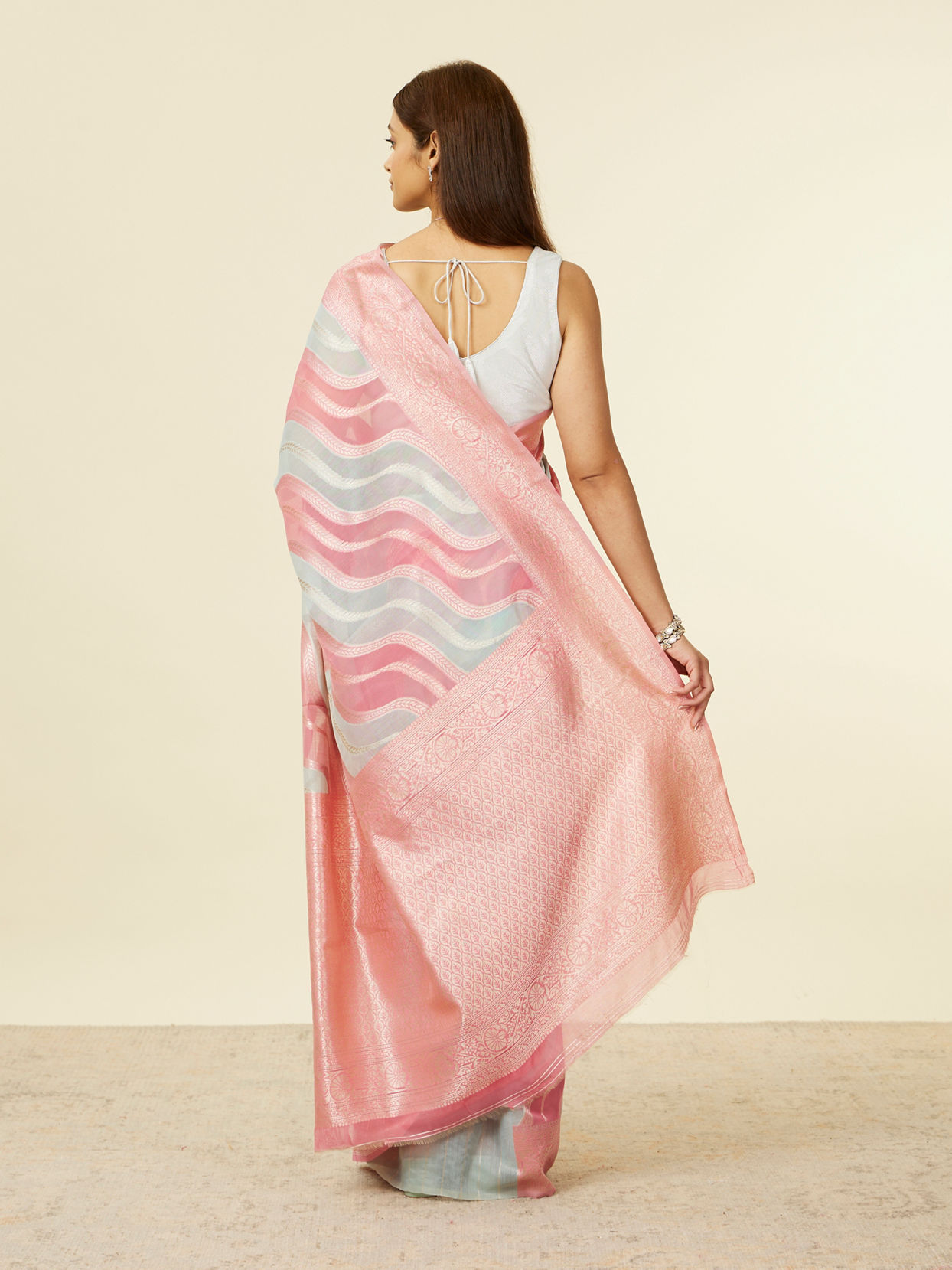 Buy Pink Light Blue Leaf Patterned Saree Online in India @Mohey - Saree ...