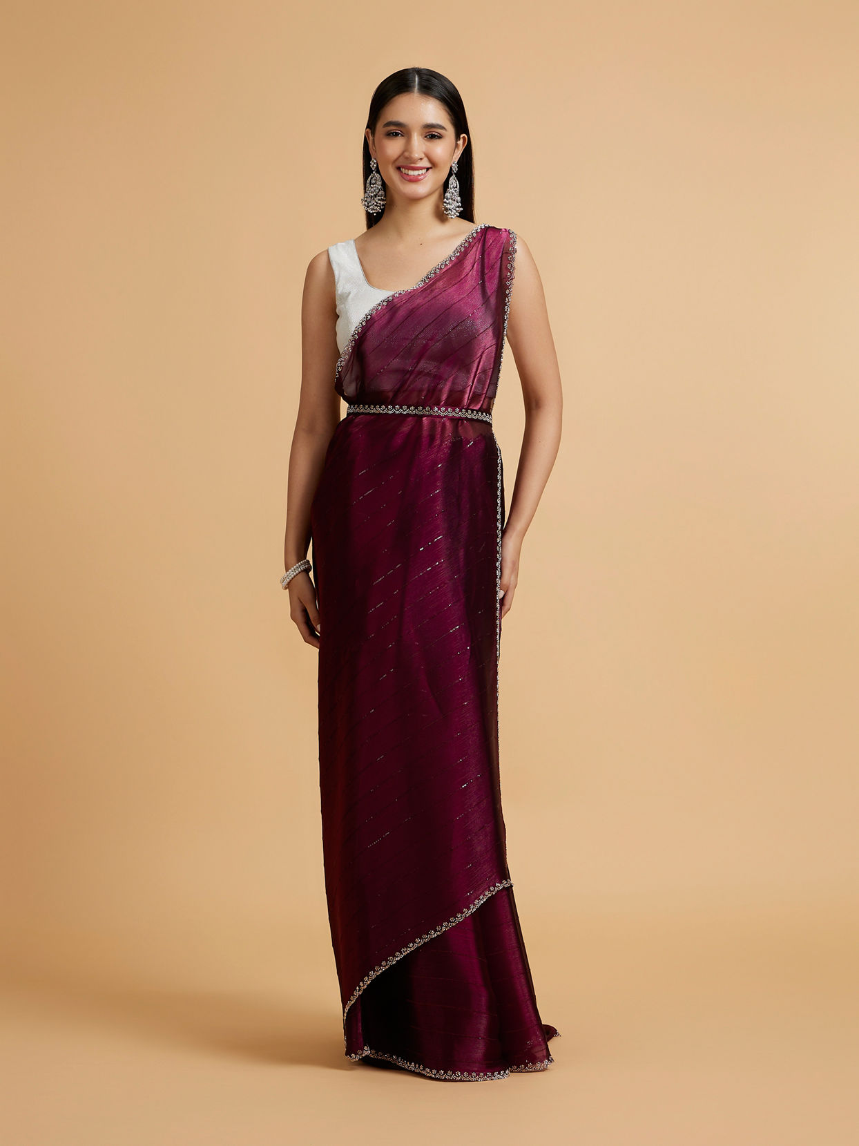 Buy Wine Red Sequin Embellished Saree with Rhinestone Border Online in ...