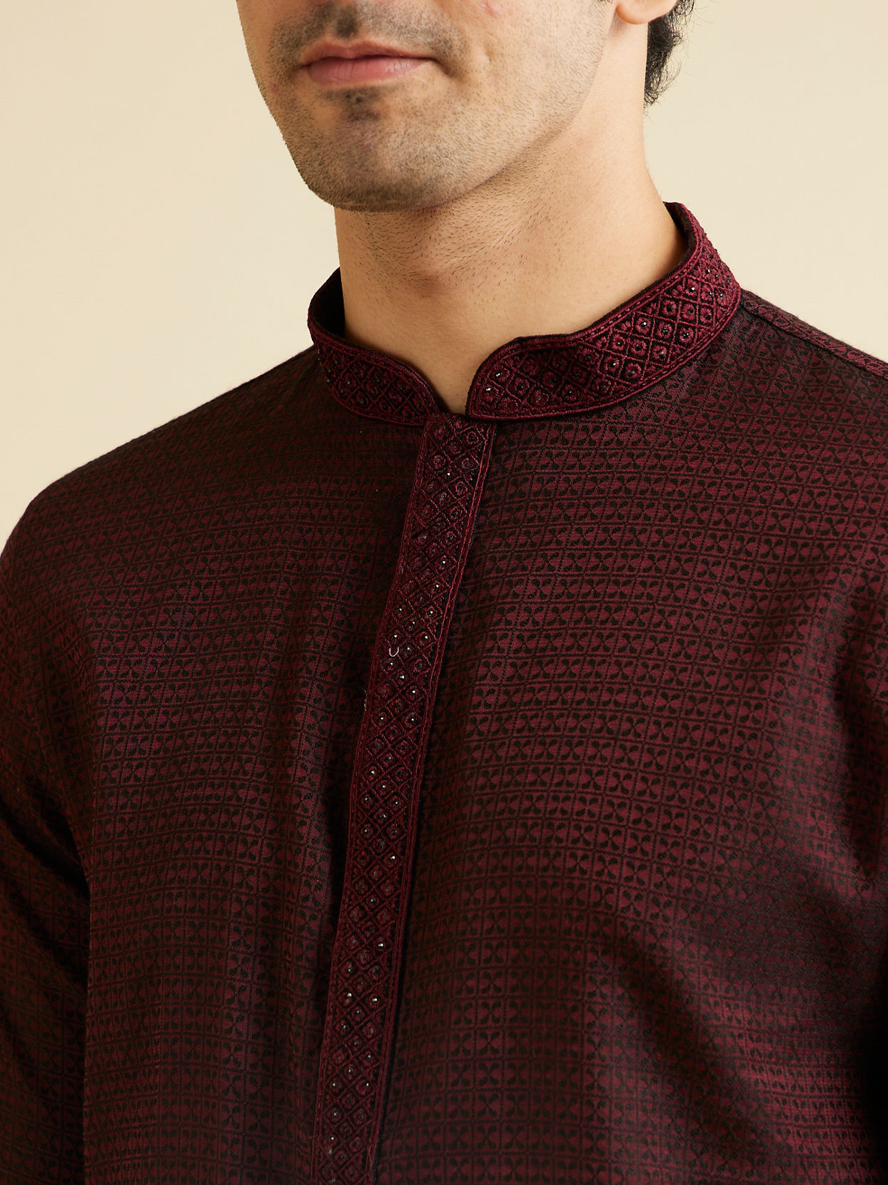 Buy Dark Maroon Kurta Set with Intricate Triangular Patterns Online in ...