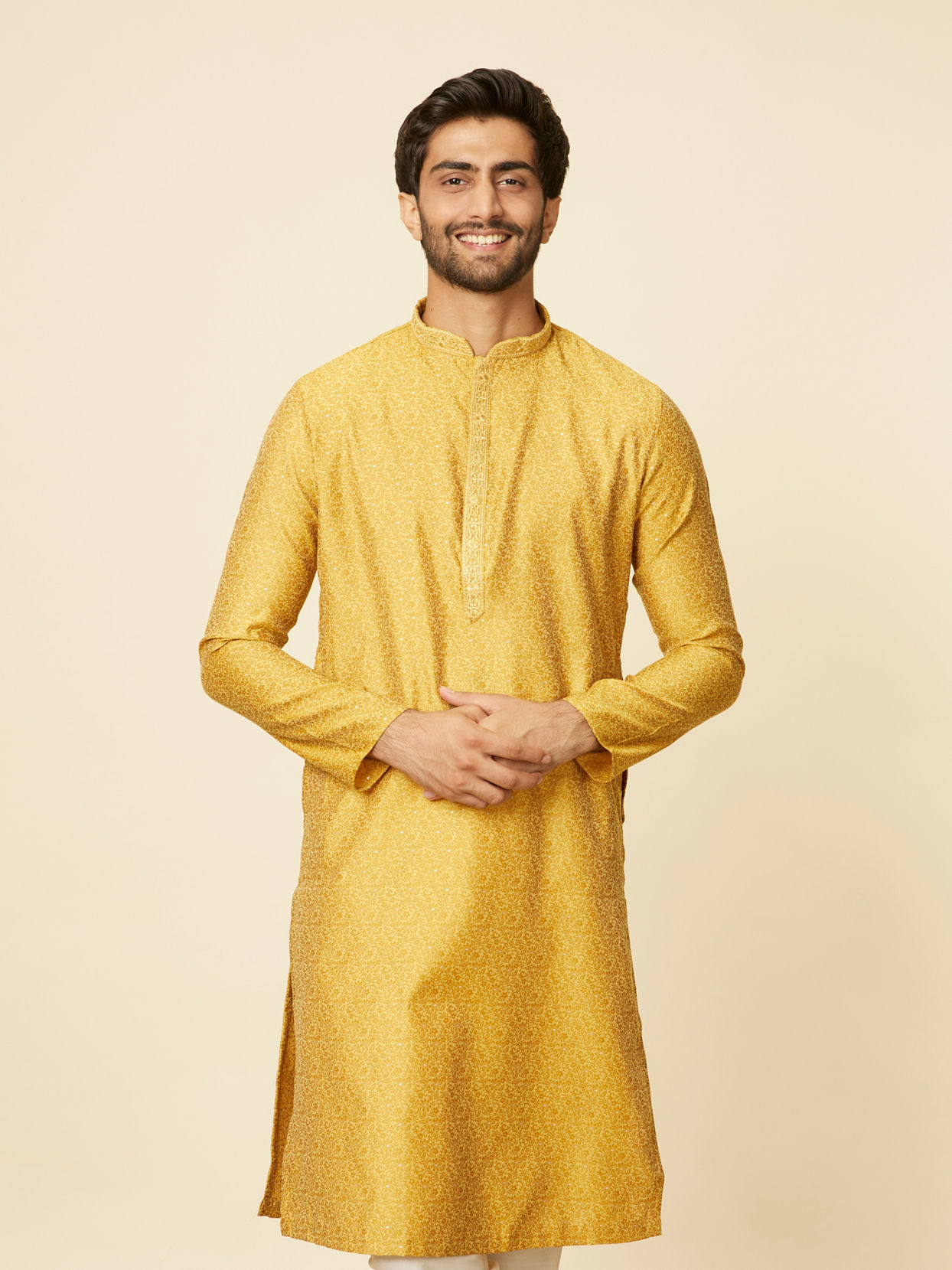 Buy Mustard Leaf Patterned Kurta Set Online in India @Manyavar - Kurta ...
