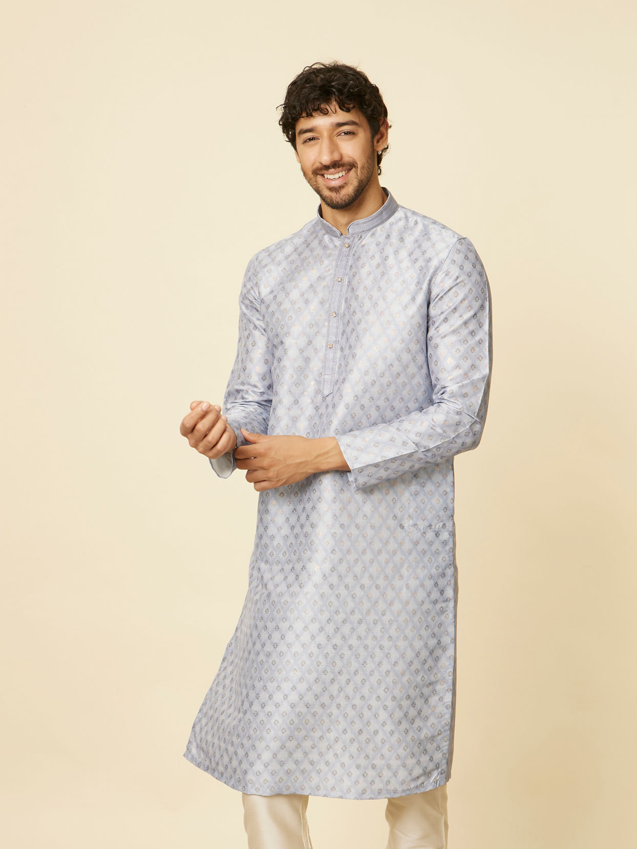 Buy Light Grey Grid Patterned Kurta Set Online in the UK @Manyavar ...