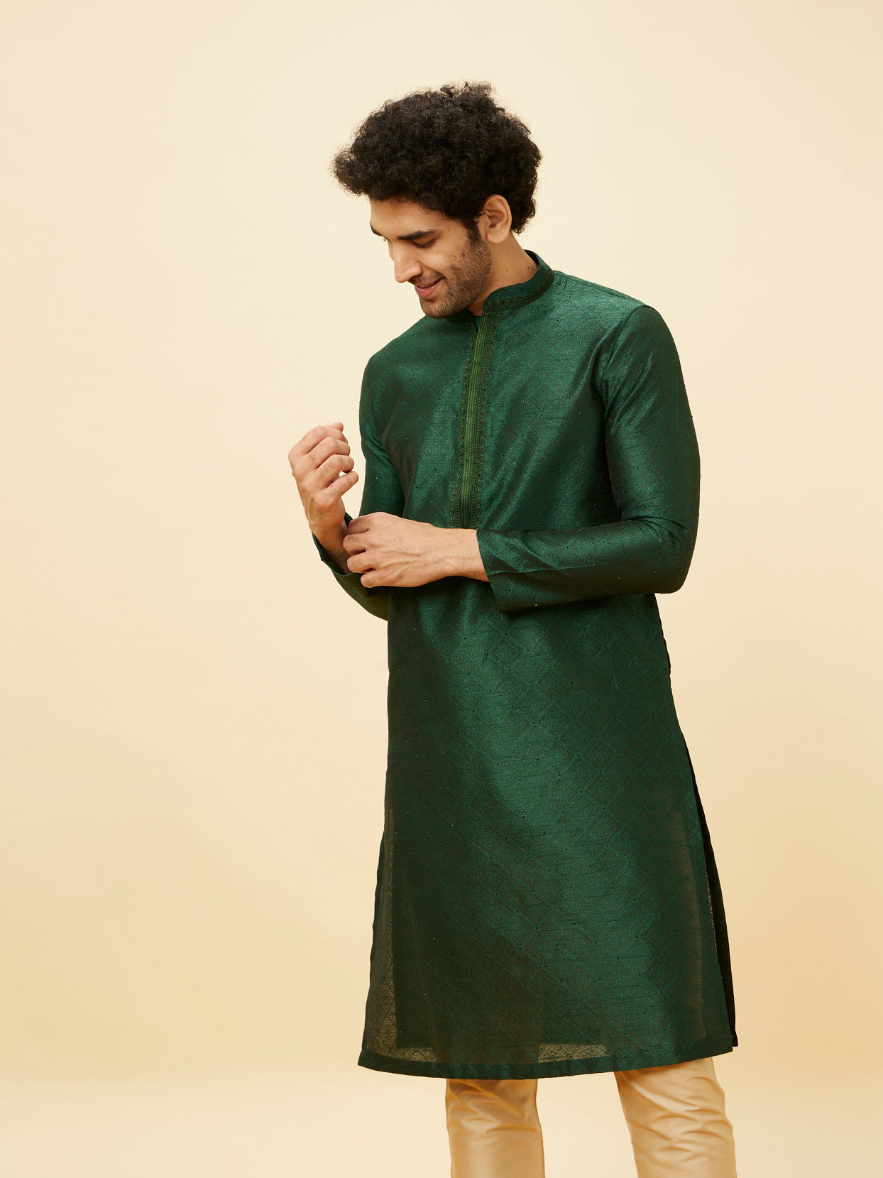 Buy Pine Green Embroidered Placket Kurta Set Online in India @Manyavar - Kurta Pajama for Men