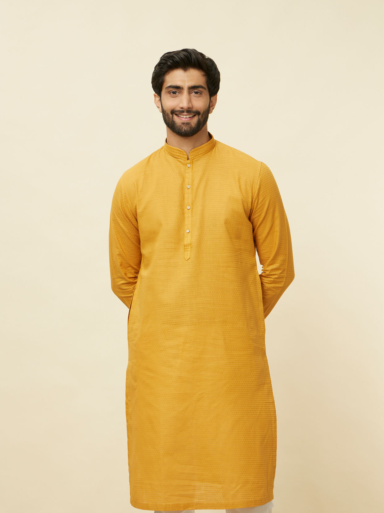 Buy Mustard Yellow Textured Kurta Set Online in the USA @Manyavar ...