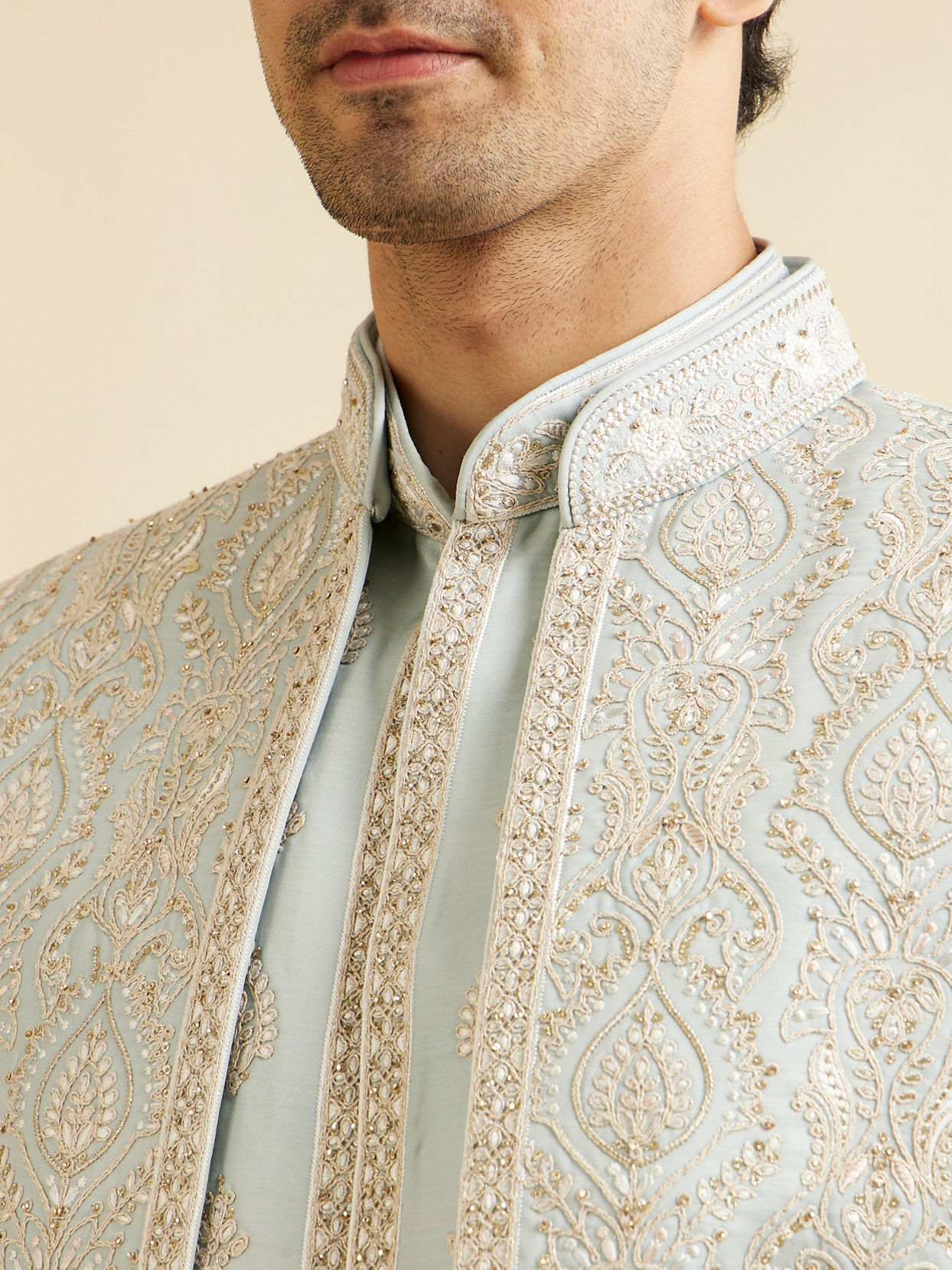 Buy Light Grey Shankh Motif Sherwani Jacket Set Online in India ...