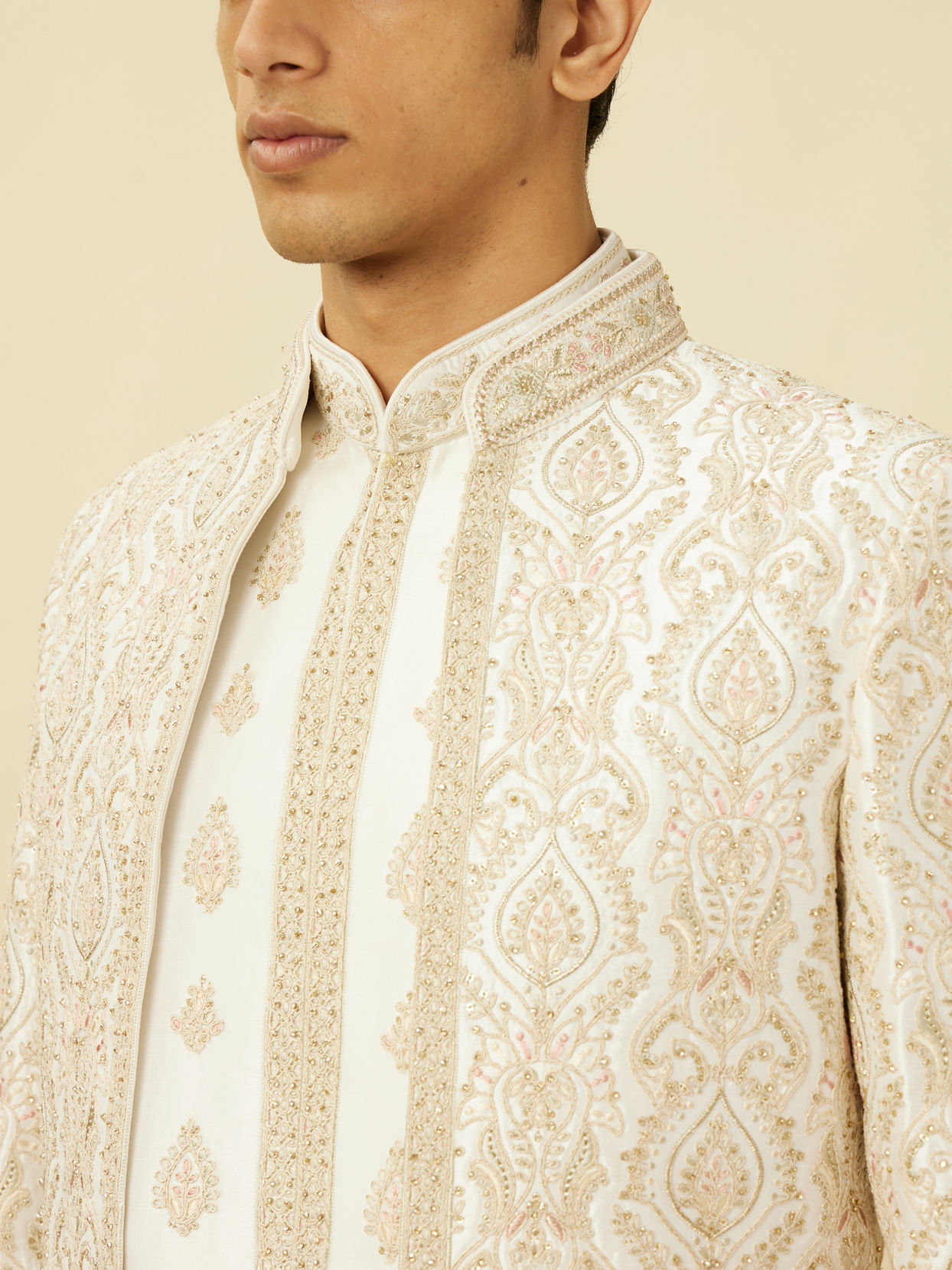 Buy Off White Shankh Motif Sherwani Set Online in India @Manyavar ...