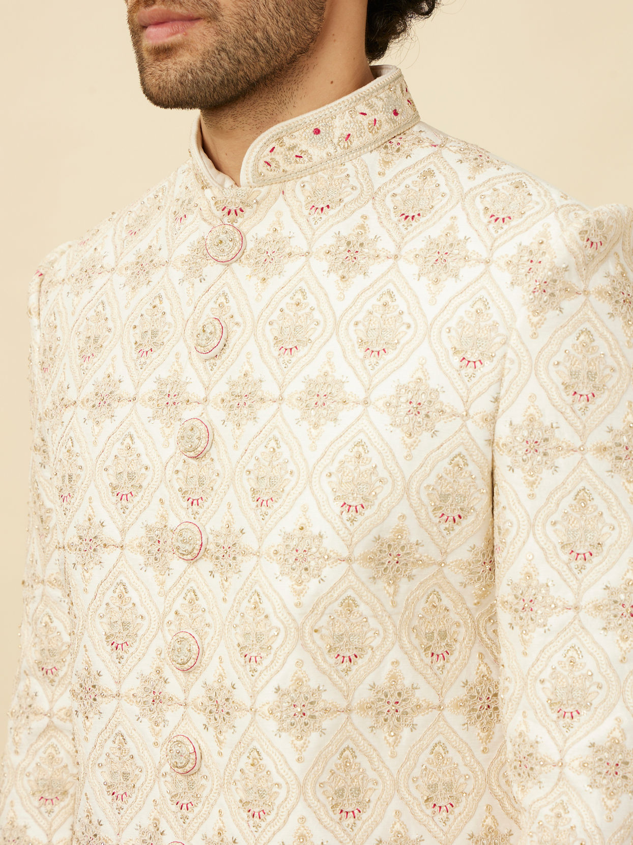 Buy Pearled Ivory White Jaal and Floral Patterned Sherwani Set Online ...