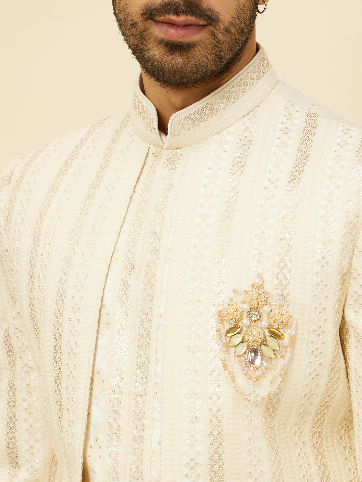 Buy Cream Foil Printed Sherwani Jacket Set Online in India @Manyavar ...