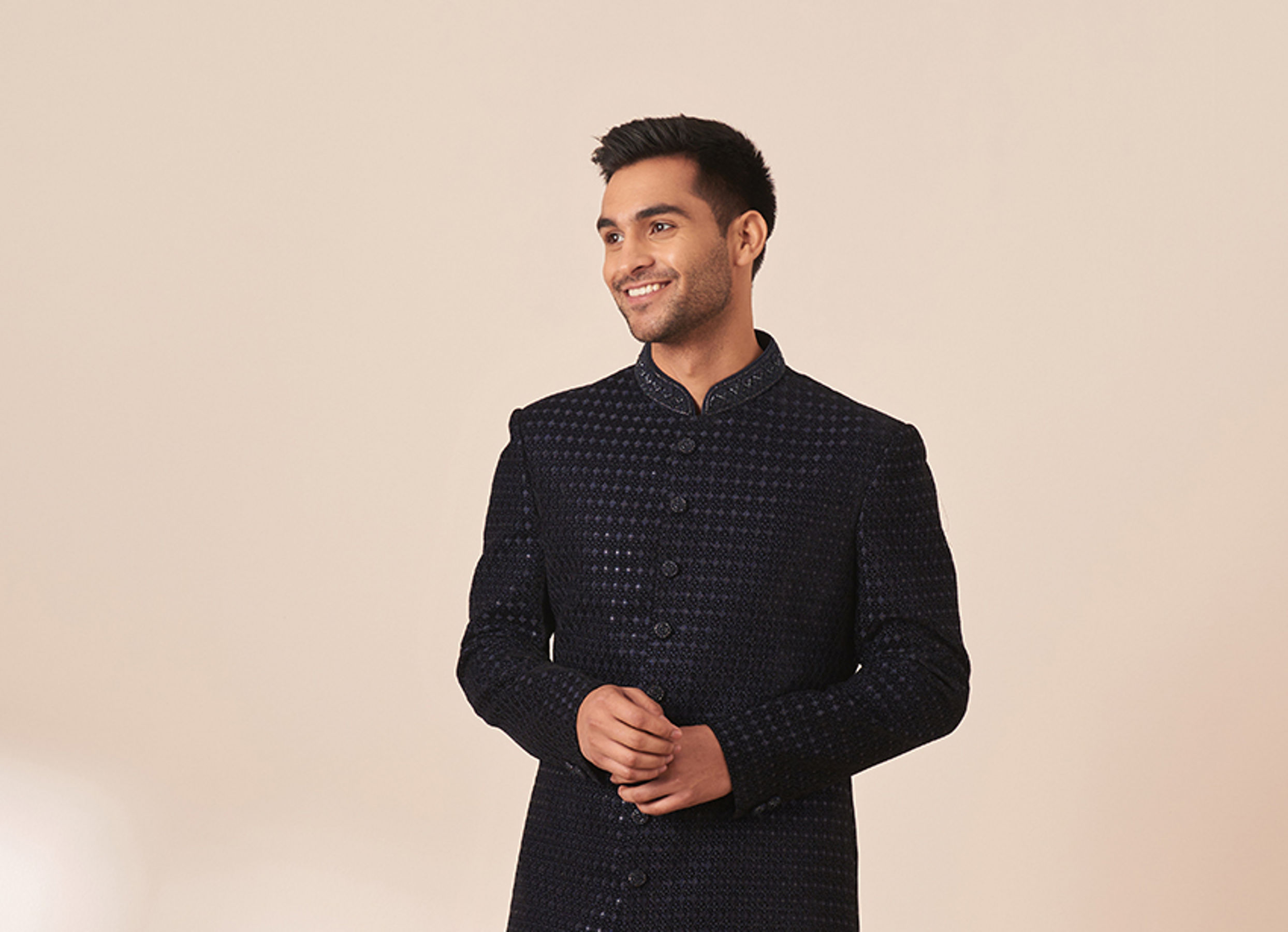 Buy Dark Blue Sequins Embroidered Indo Western Online in the USA @Twamev - Indo Western for Men