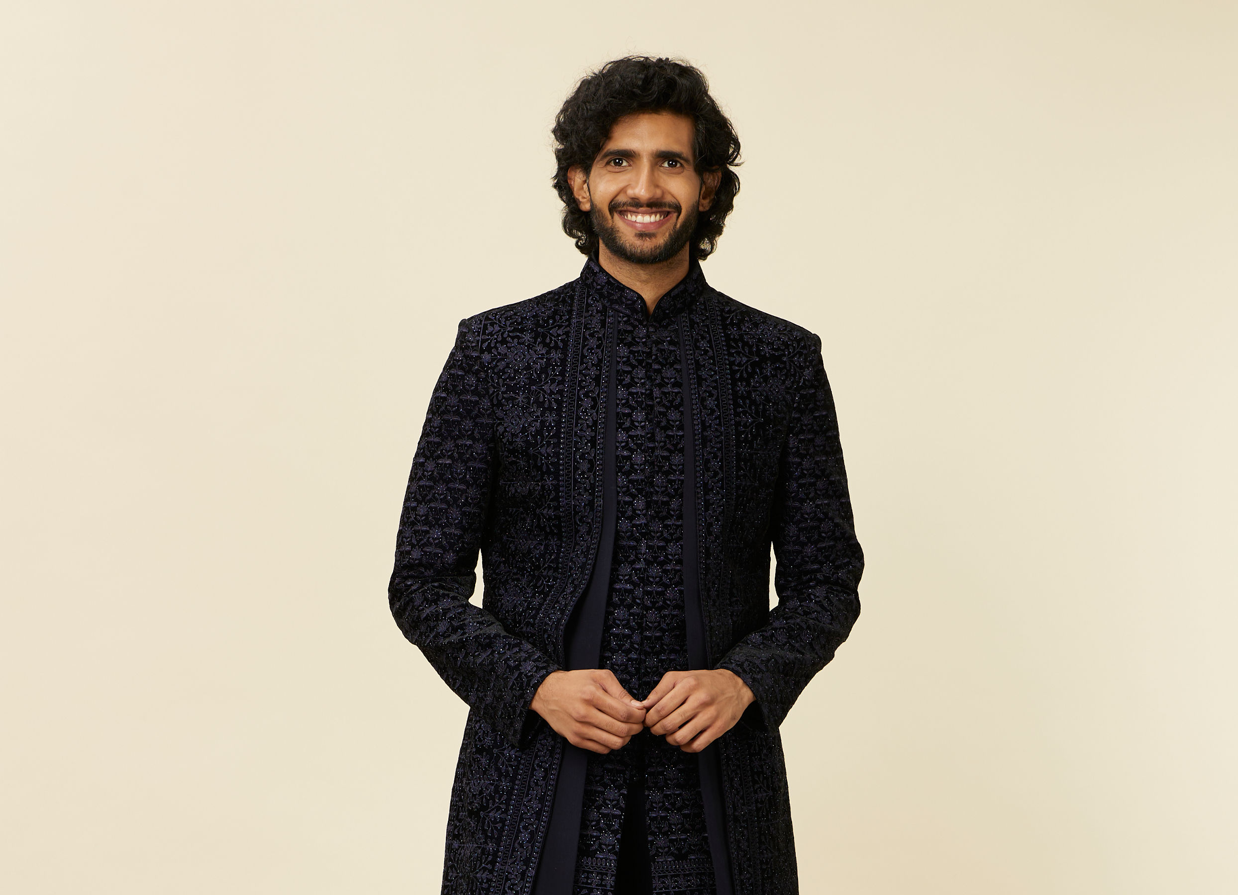 Buy Dark Blue Scallop Shell Patterned Indo Western Set Online in the USA @Twamev - Indo Western ...