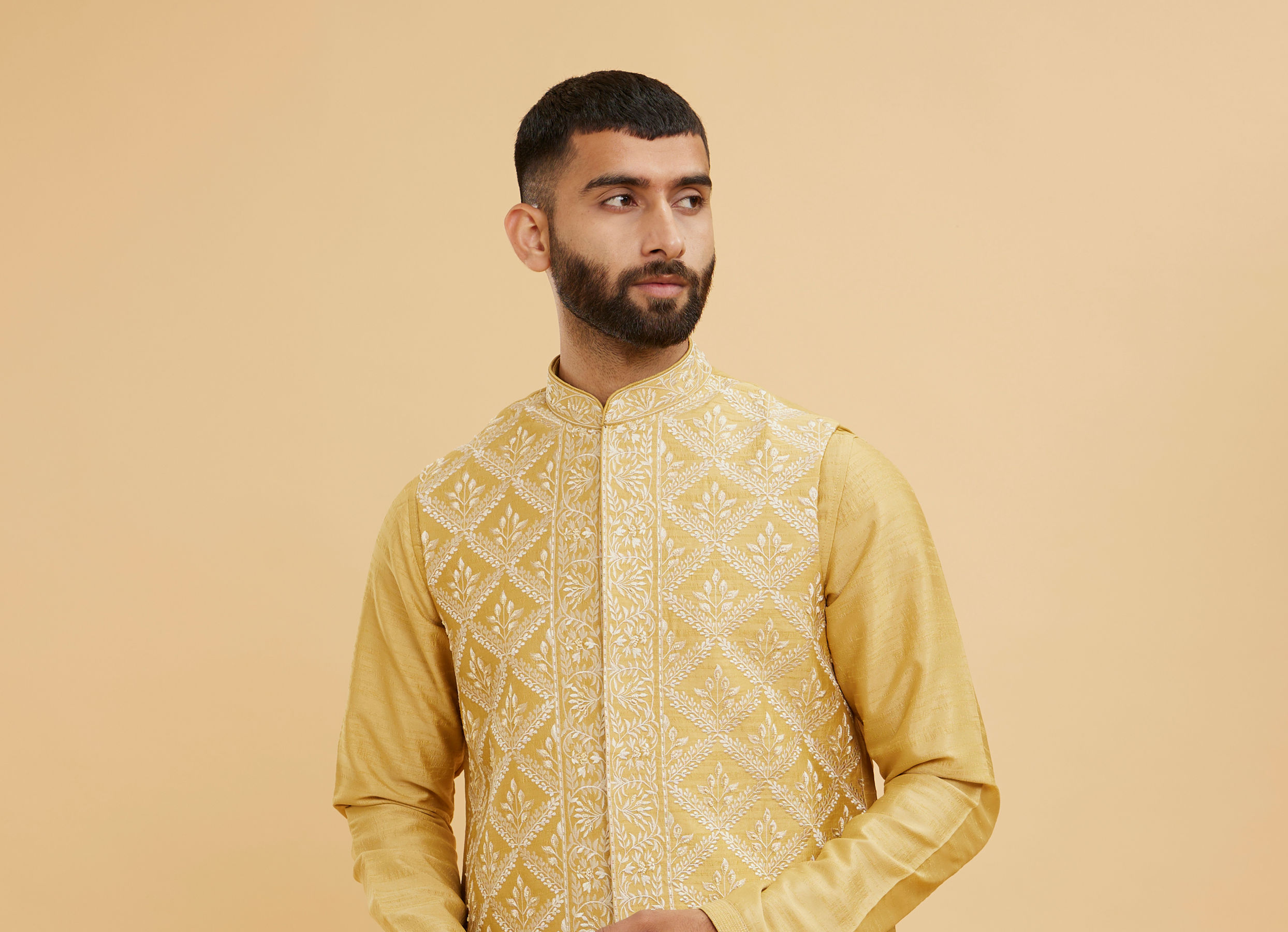 Buy Mustard Yellow Jacket Set with Fern Motifs in Jaal Pattern Online ...