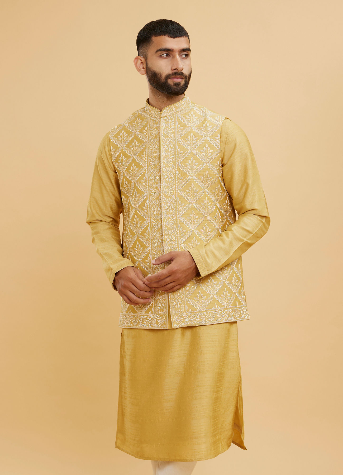 Buy Mustard Yellow Jacket Set with Fern Motifs in Jaal Pattern Online ...