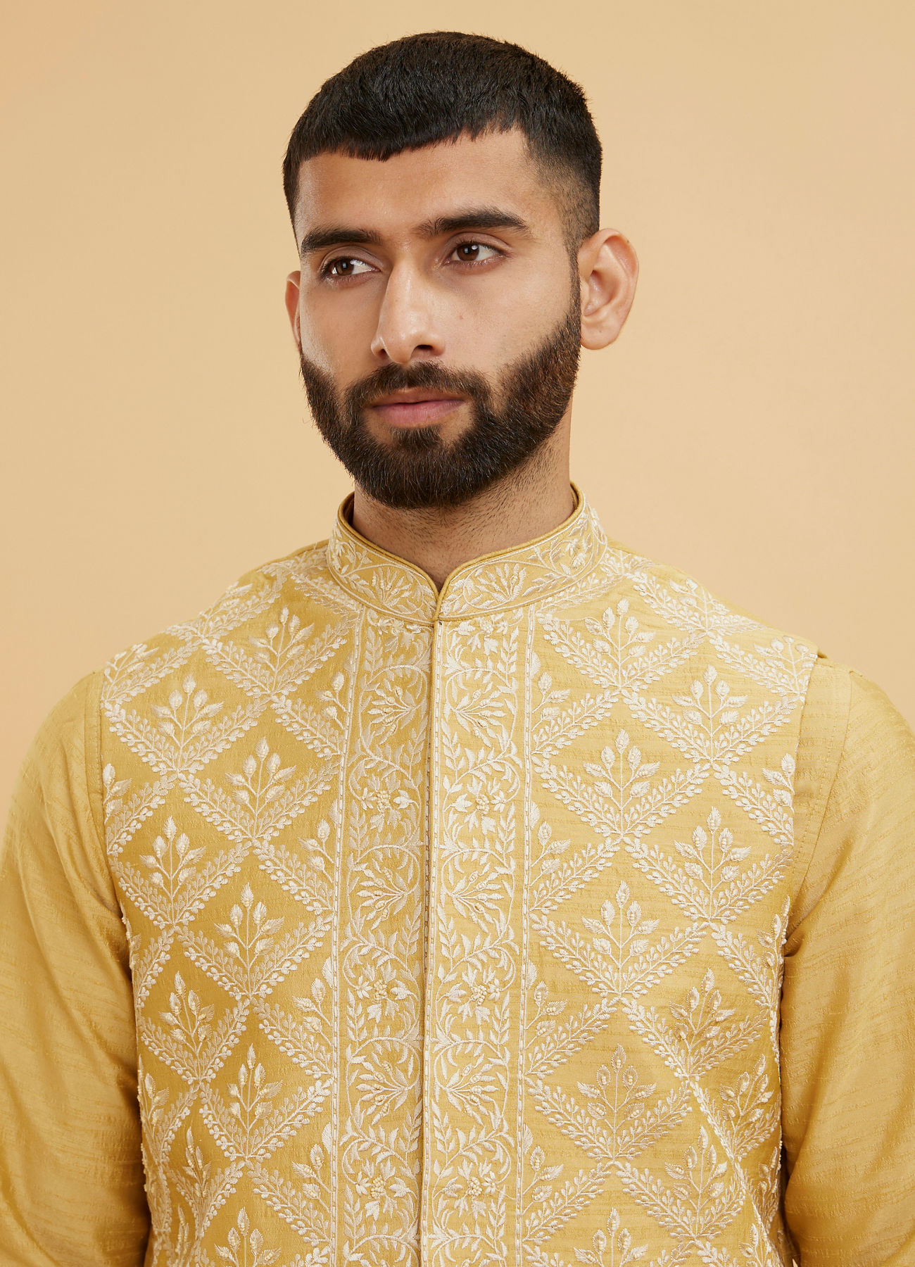 Buy Mustard Yellow Jacket Set with Fern Motifs in Jaal Pattern Online ...