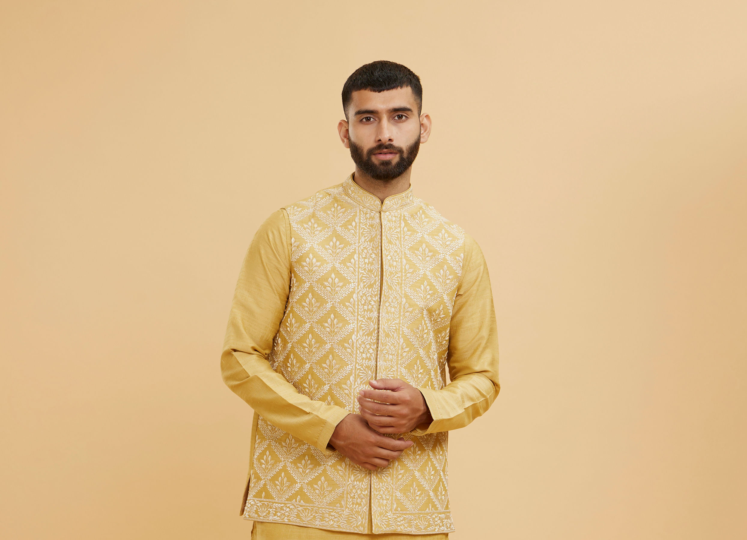 Buy Mustard Yellow Jacket Set with Fern Motifs in Jaal Pattern Online ...