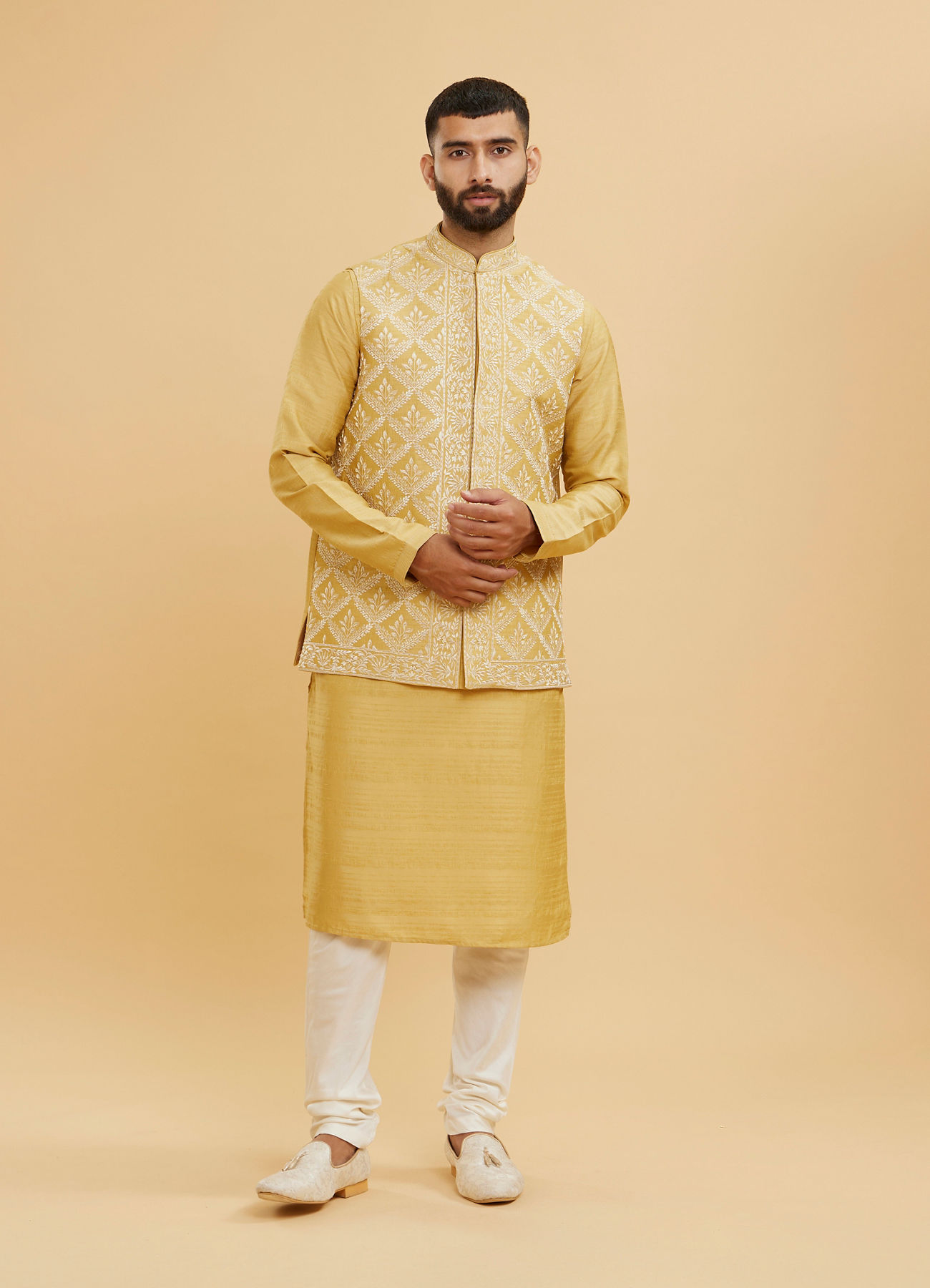 Buy Mustard Yellow Jacket Set with Fern Motifs in Jaal Pattern Online ...