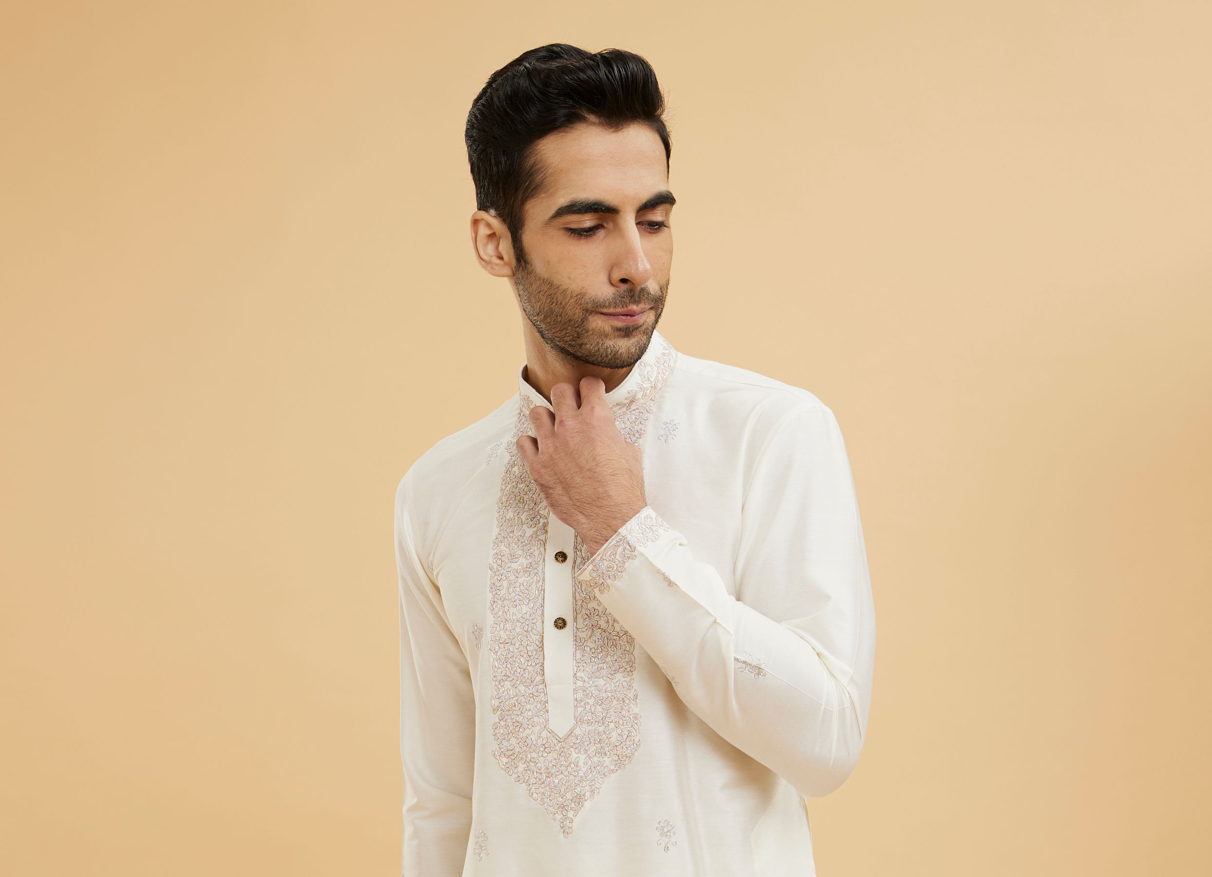 Buy Cream White Floral Embroidered Kurta Set Online in the USA @Twamev ...