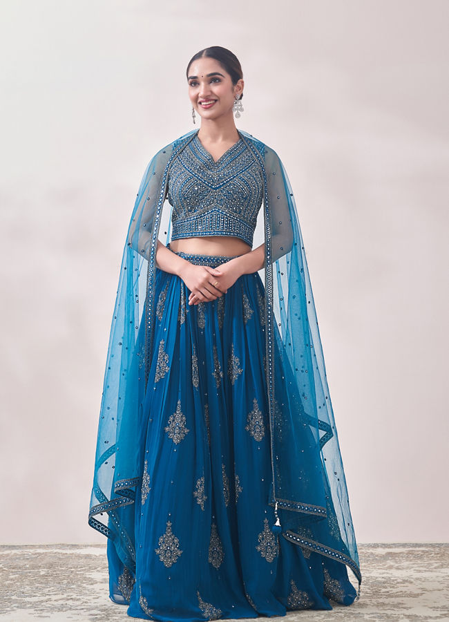 Buy Turkish Sea Blue Jhallar Patterned Lehenga Online in India @Mohey ...