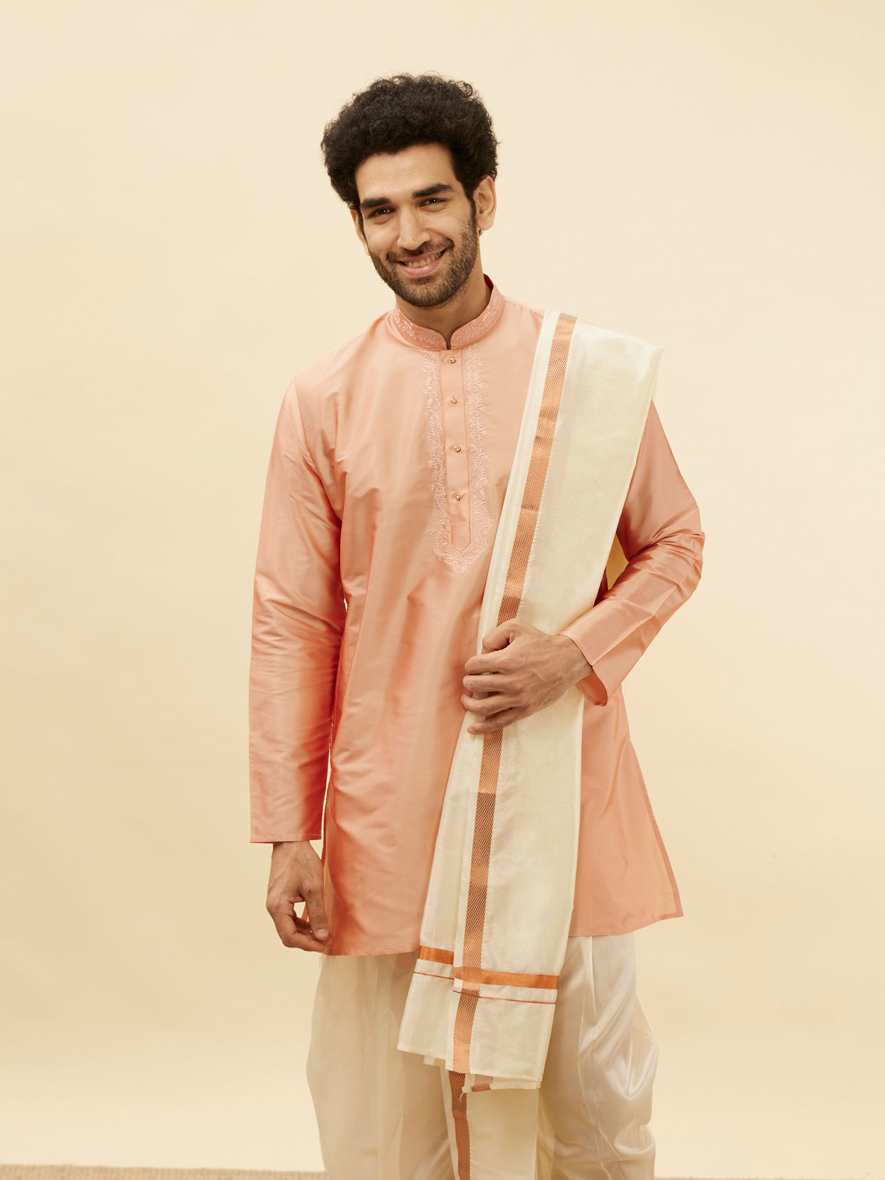 Buy Melon Peach and Cream Zari Detailed Traditional South Indian Pancha ...