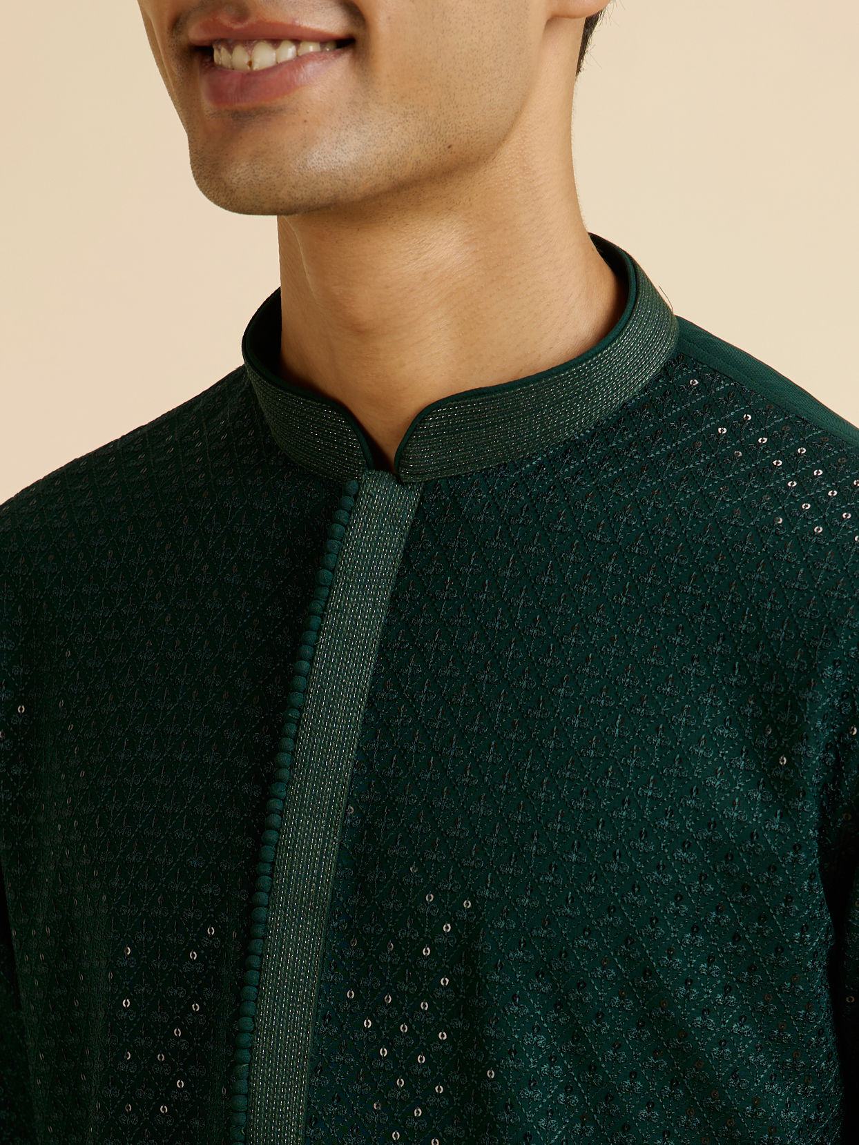 Buy Dark Green Self Patterned Mirror Work Kurta Set Online in India ...