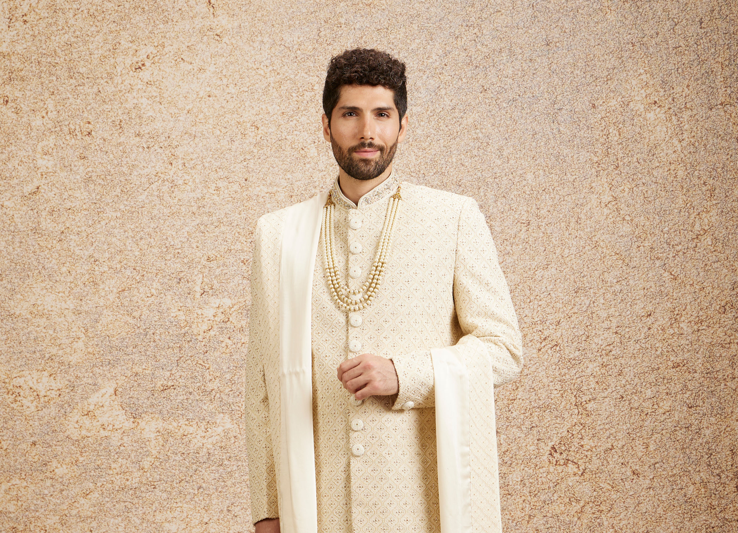Buy Shell Cream Embroidered Sherwani Set Online in the UK @Twamev ...