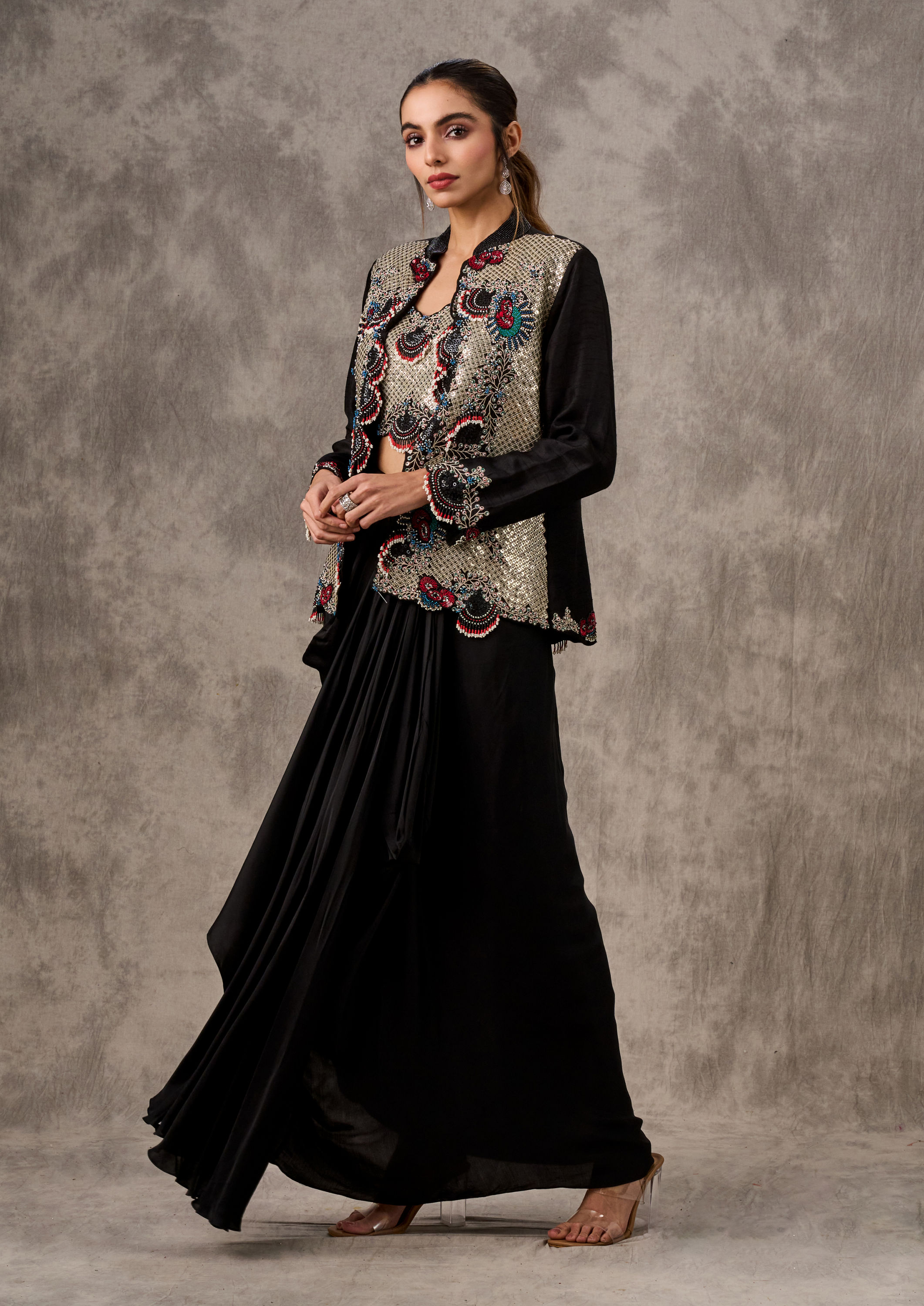 Buy Black Chinon Party Wear Indo Western Set Online in India @Twamev ...