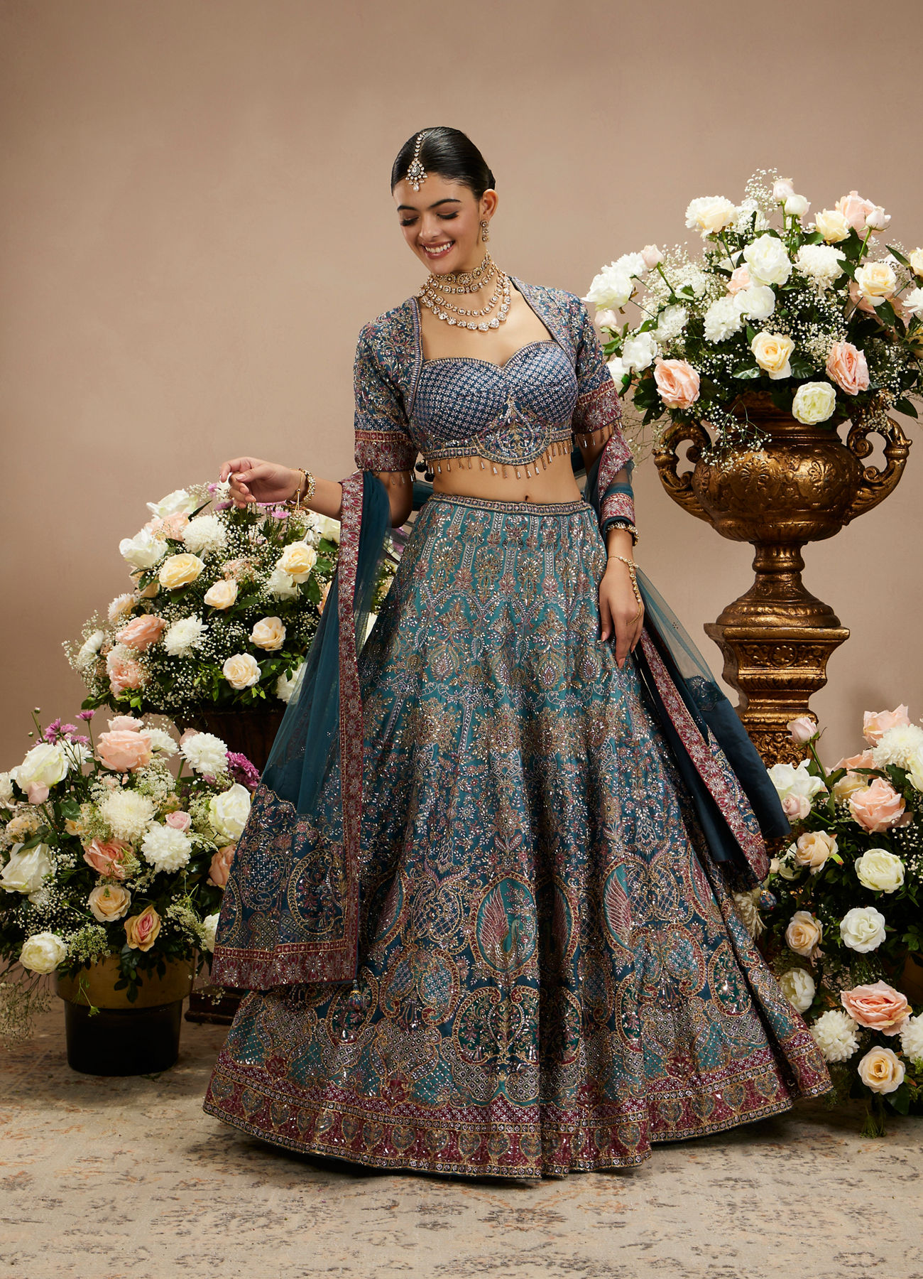 Buy Cool Grey Zari Embroidered Bridal Lehenga with Floral And Peacock ...