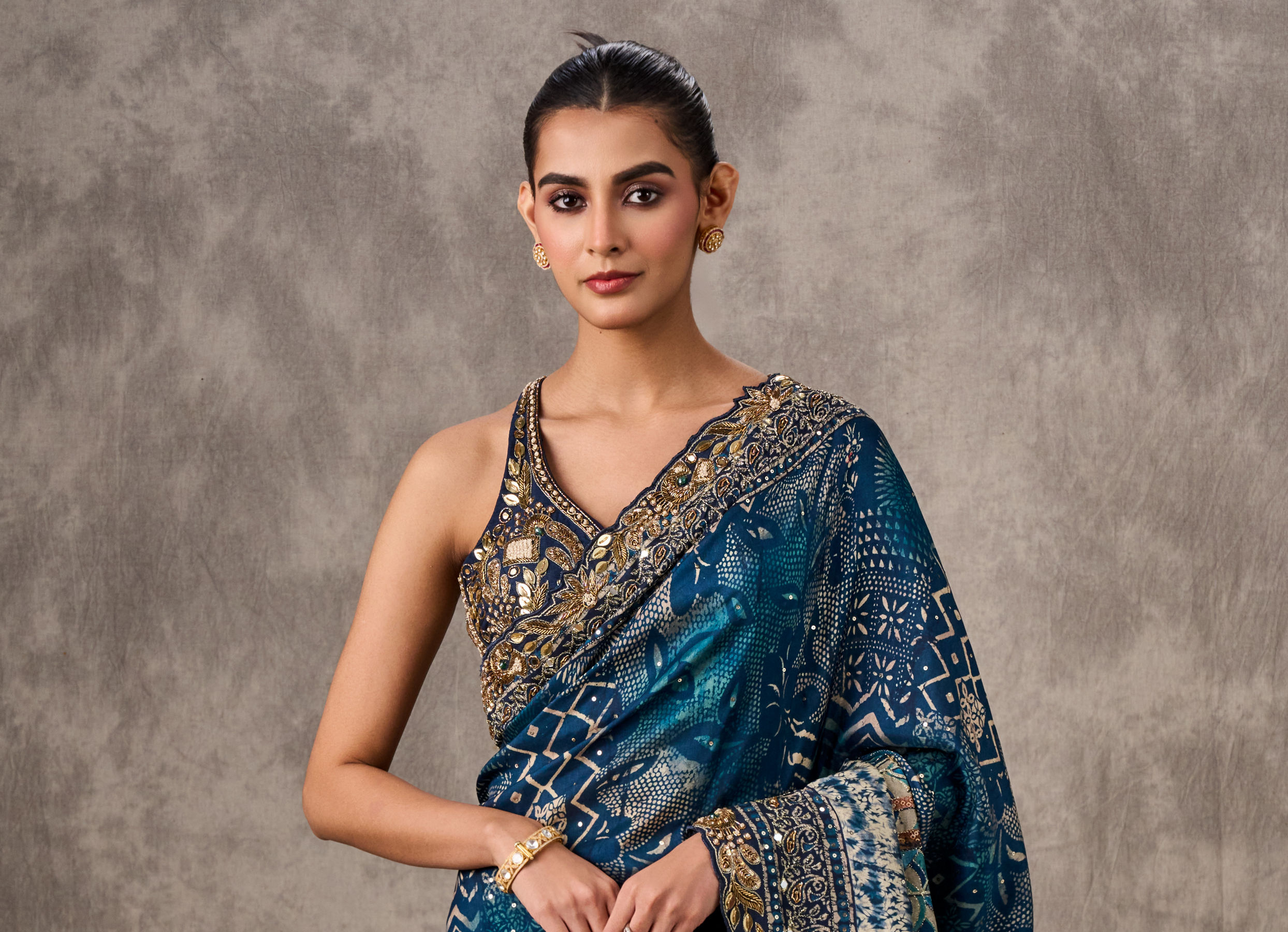 Buy Indigo Blue Silk Kalamkari Printed Saree with Embroidered Halter ...