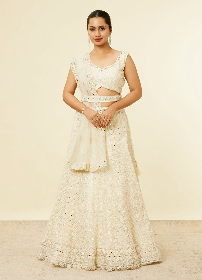 Buy Dark Cream Floral Patterned Lehenga with Mirror work Online in ...