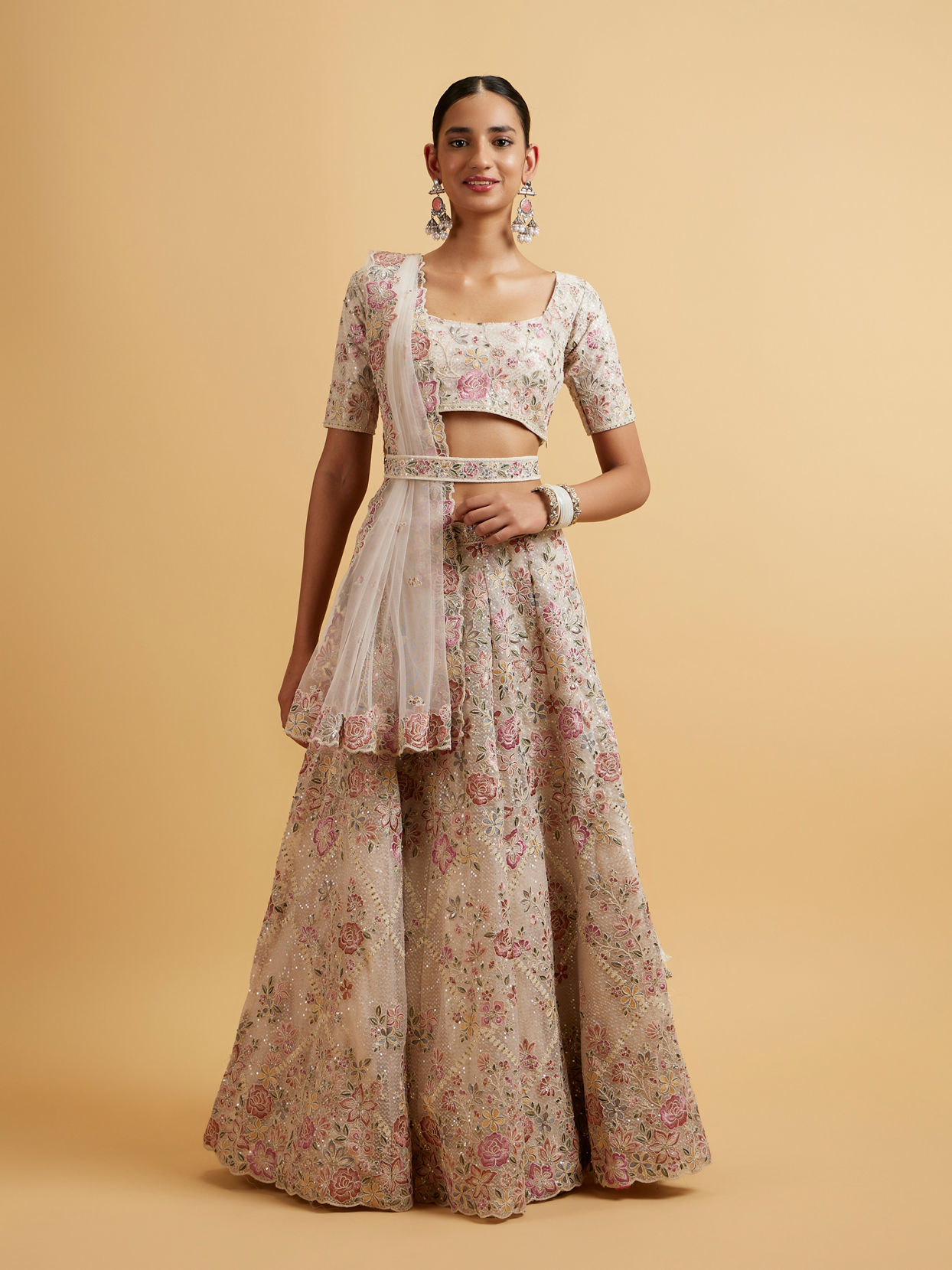 Buy Ivory Cream Floral Stone Embellished Lehenga Online in India @Mohey ...