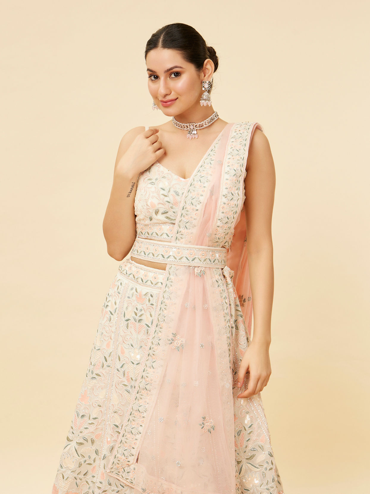 Buy Cream Pink Floral Embroidered Lehanga Online in the USA @Mohey ...