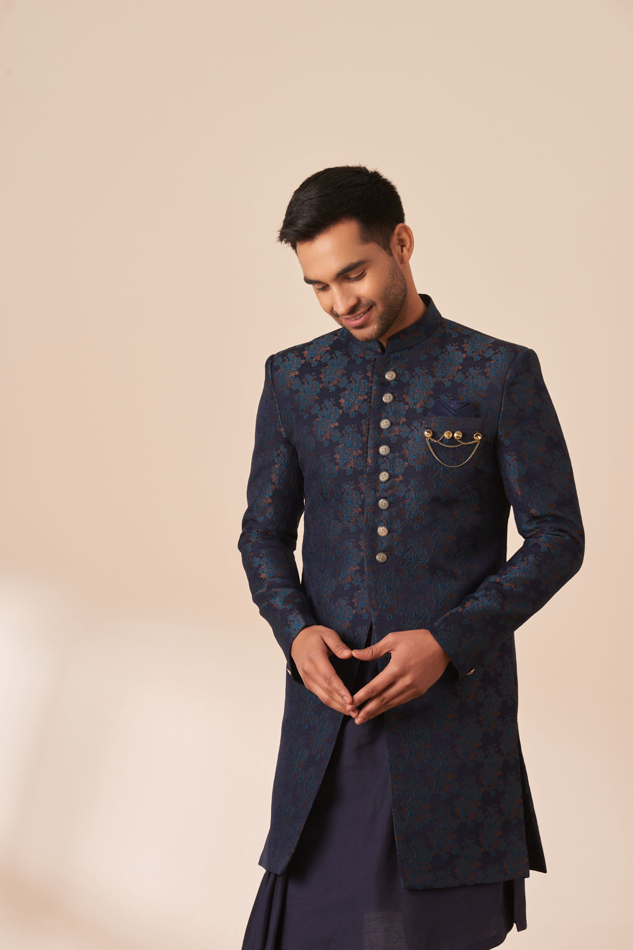 Buy Dark Blue Self Design Indo Western Online in India @Manyavar - Indo ...
