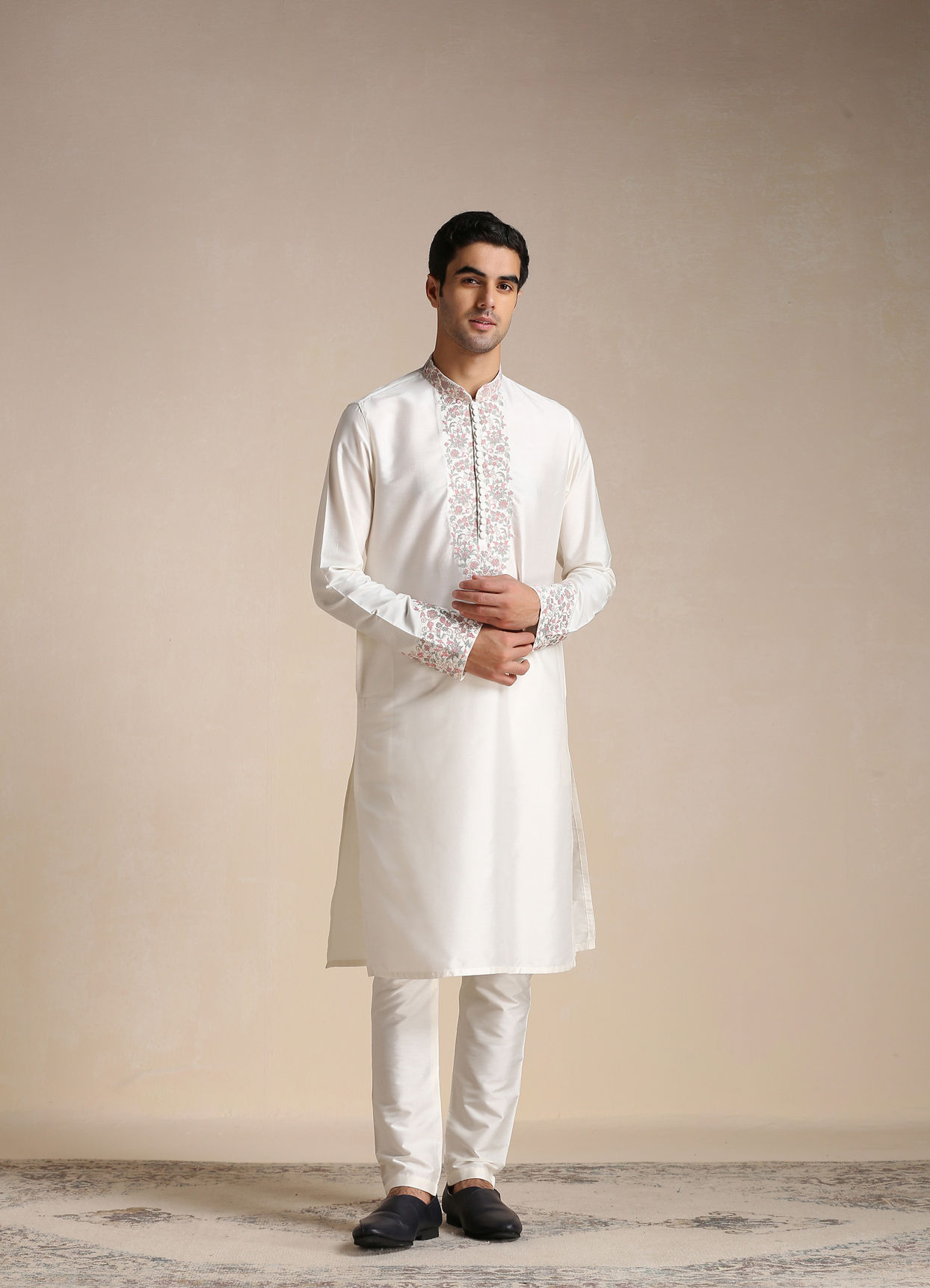 Buy Creamy White Embroidery Detailed Kurta Set Online in India ...