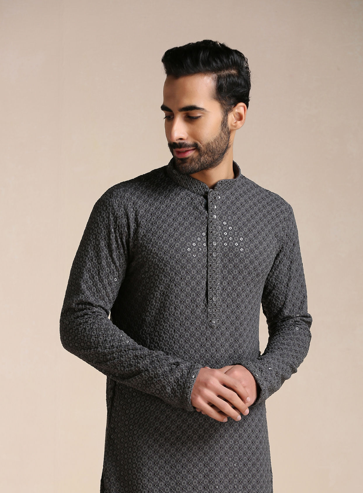 Buy Light Grey Chikankari Kurta Set Online in India @Manyavar - Kurta ...